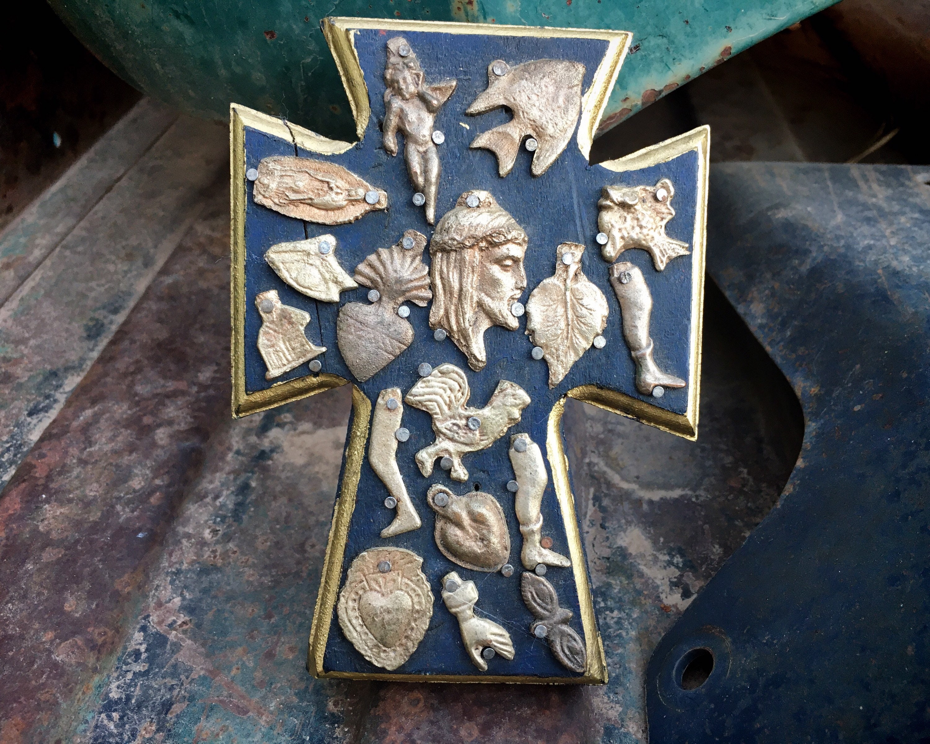 Small Mexican Milagro Wall Cross with Milagros Amulets, Lucky Charm ...