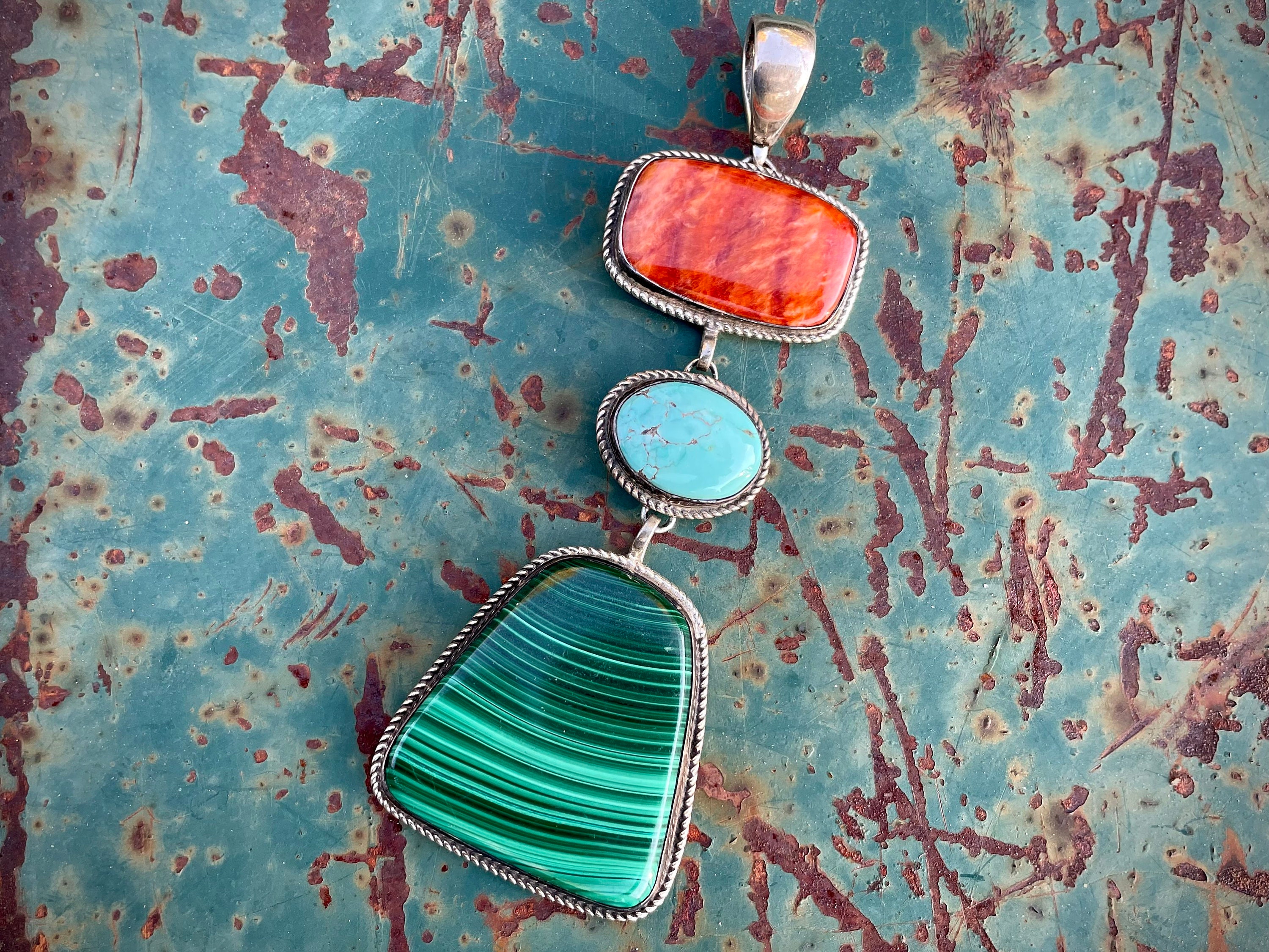 Vintage Long Orange Spiny Oyster Turquoise Malachite Sterling Silver ...