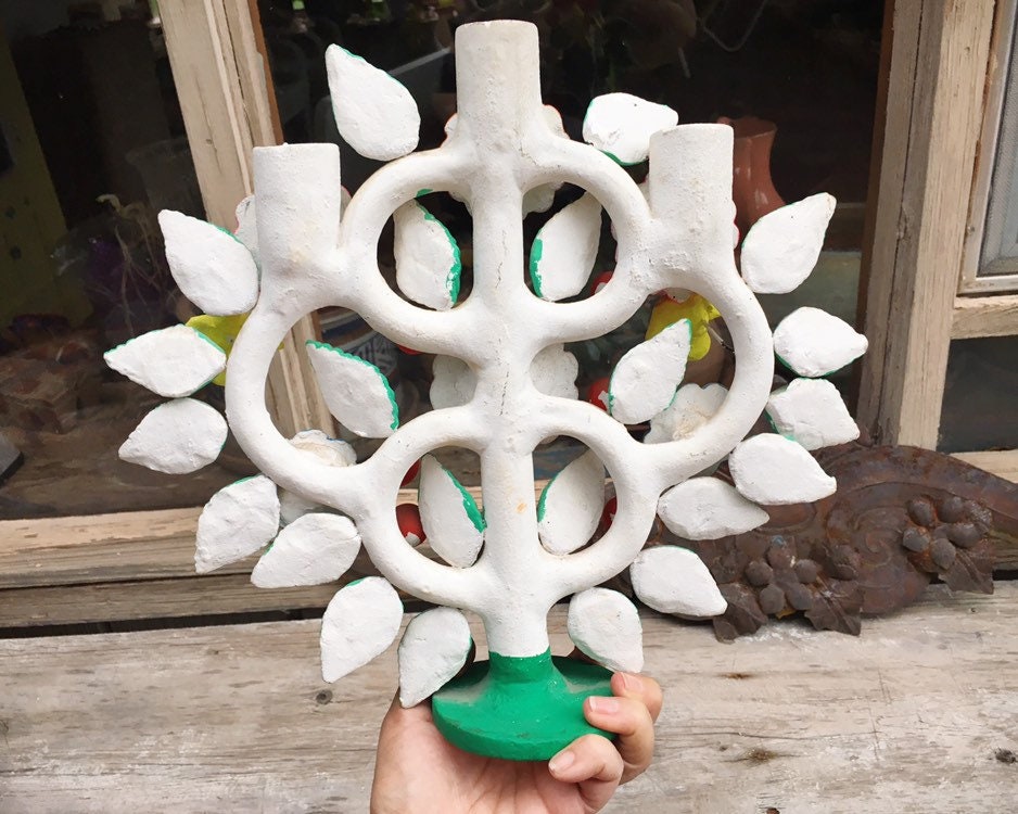 Vintage Mexico Tree of Life Pottery 12 Candle Holder Colorful Flowers ...