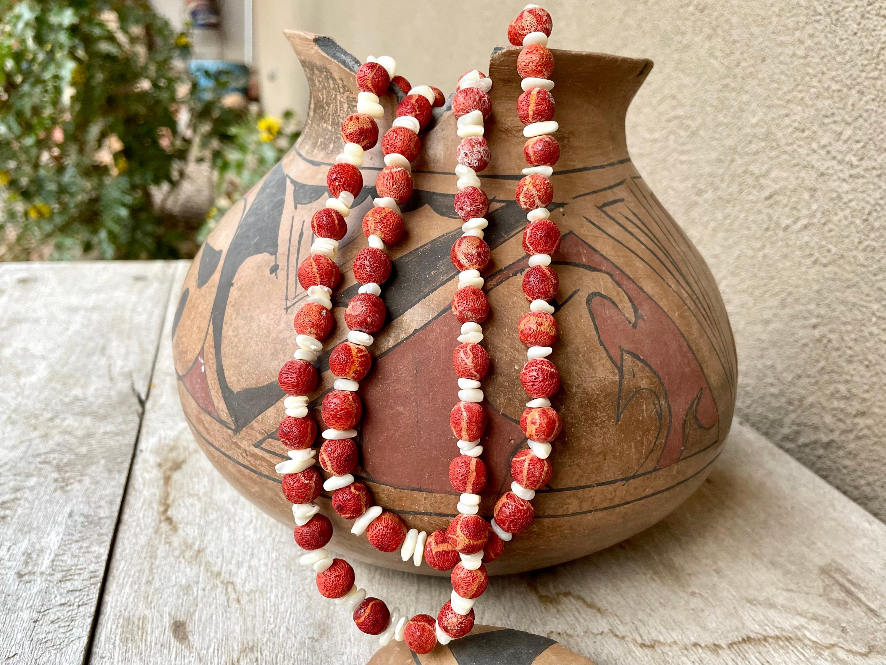 Rare Two-Strand Natural Sponge Coral Bead Mother of Pearl Necklace ...