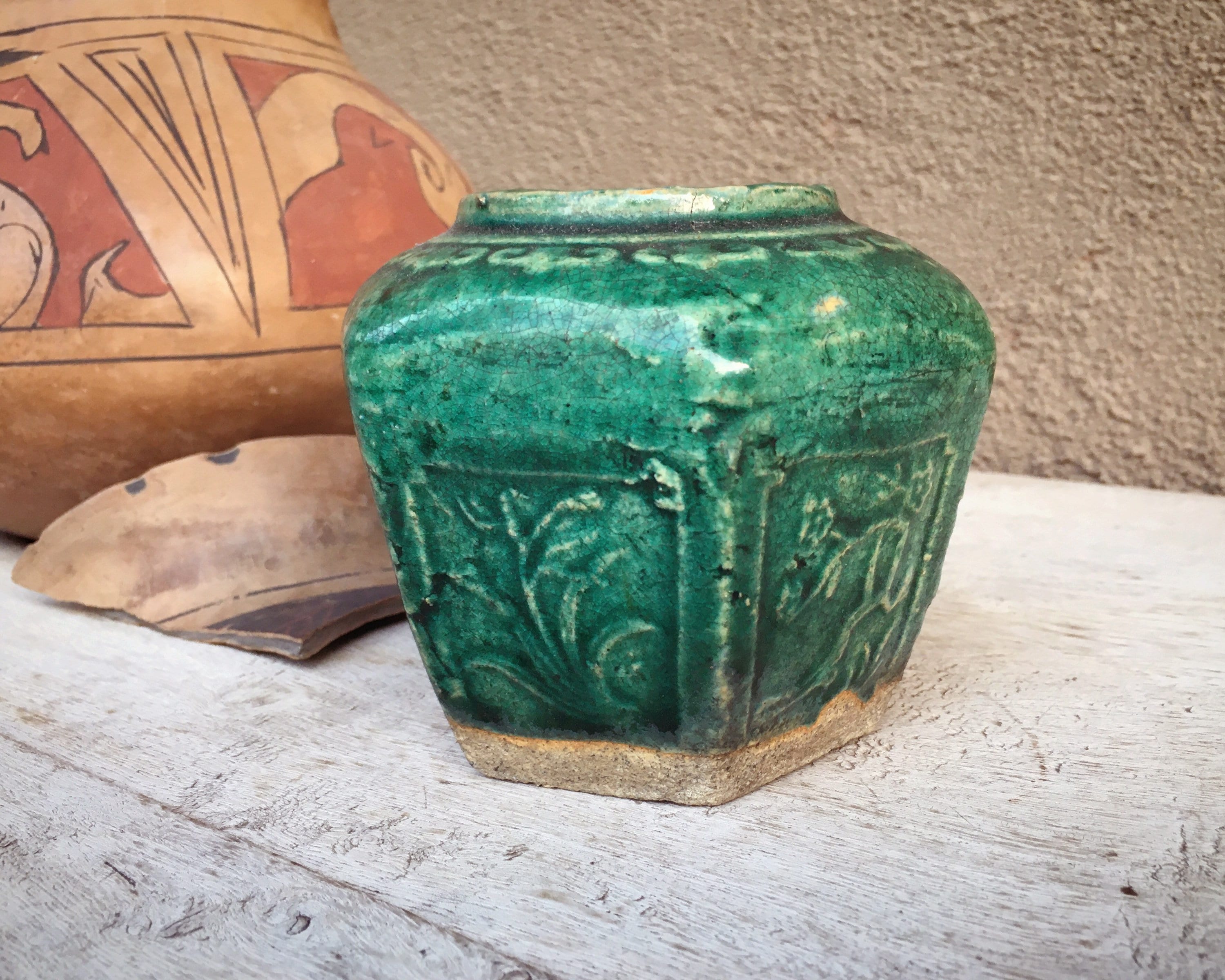 Small Vintage Chinese Shiwan Pottery Green Glazed Ginger Jar Celadon ...