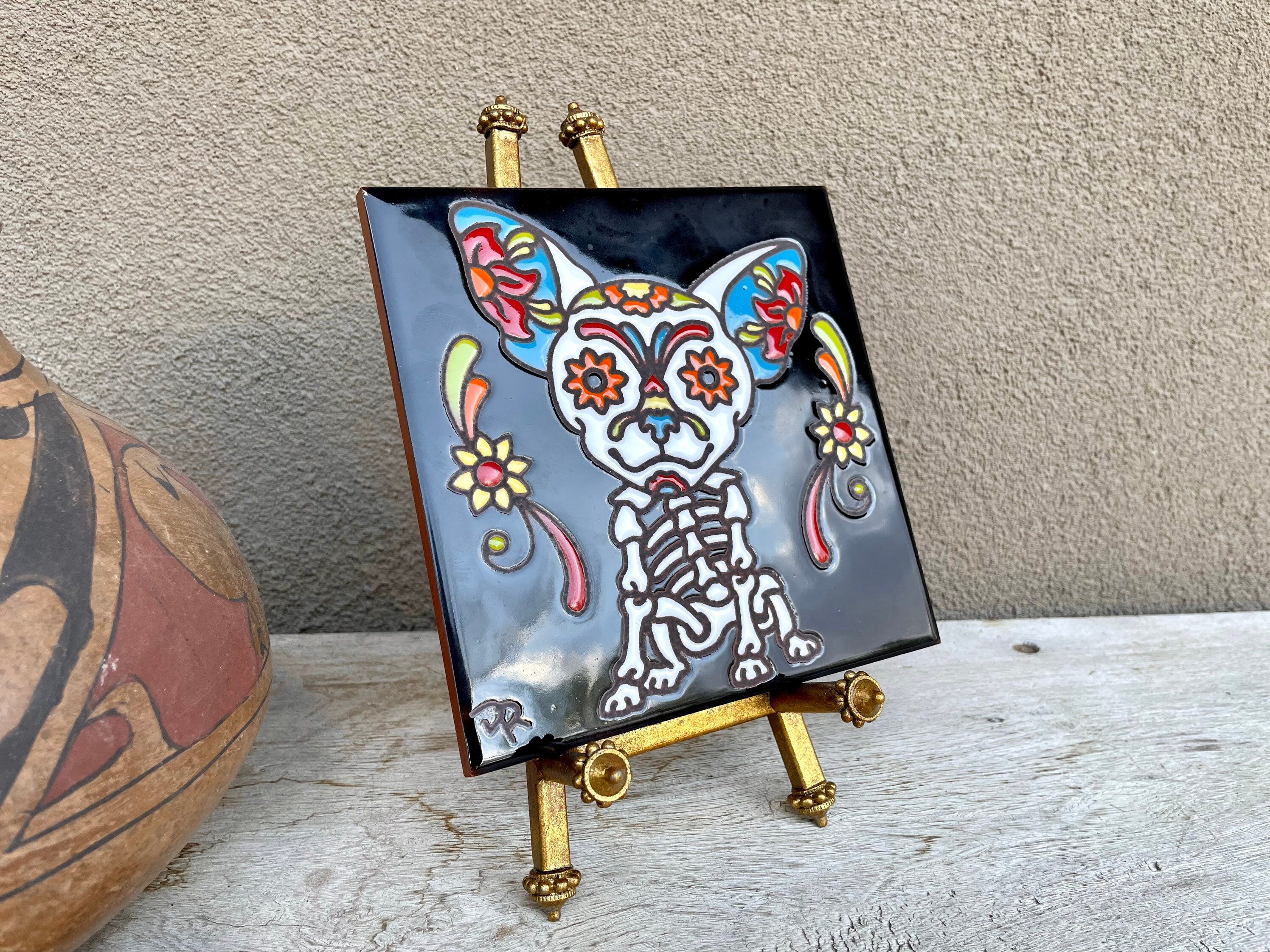 Vintage Chihuahua Dog Calavera Ceramic Tile Trivet Just Under 6x6 ...