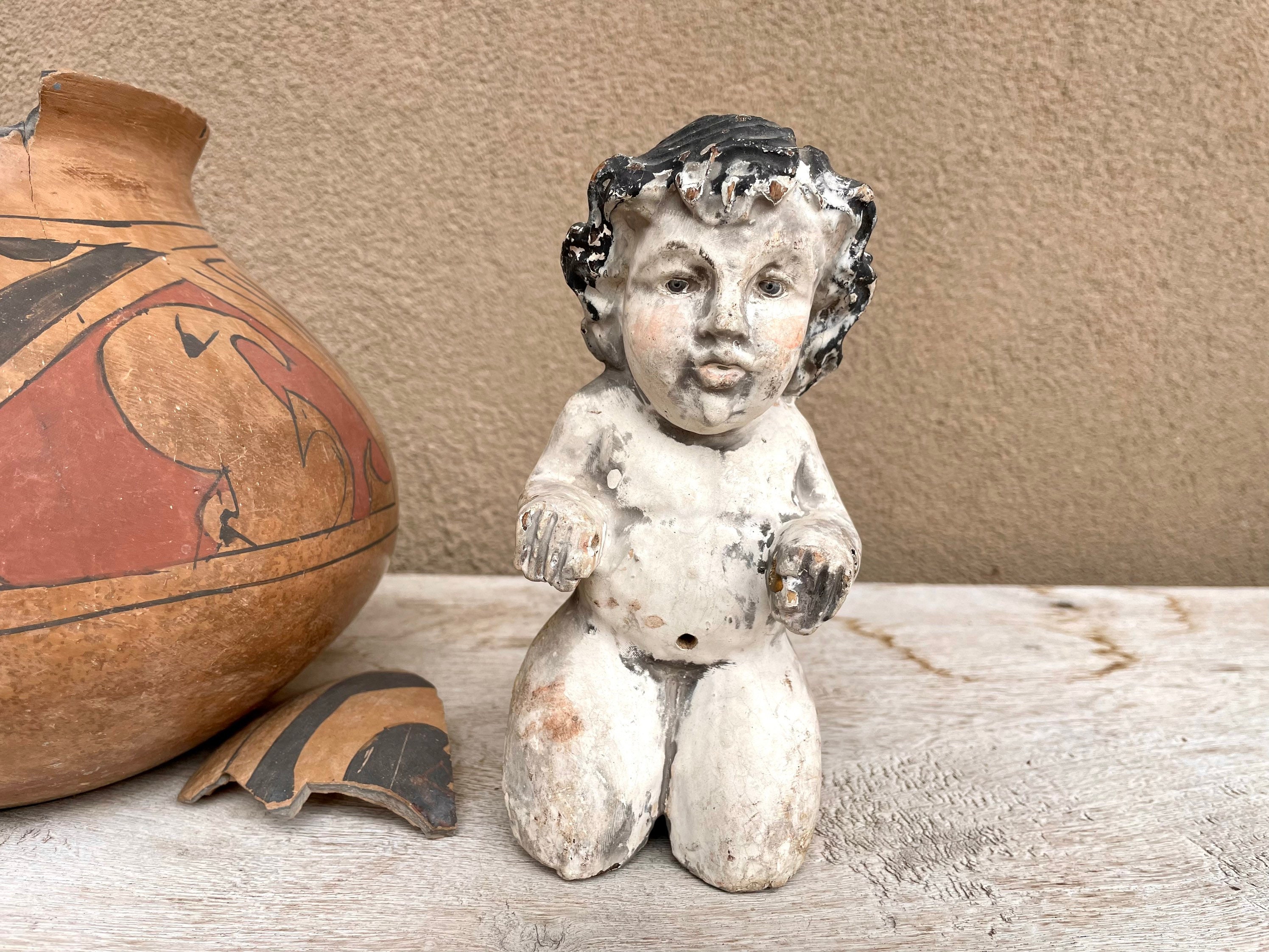 Vintage Salvaged Wood Angel with Glass Eyes, Distressed Chippy Paint ...