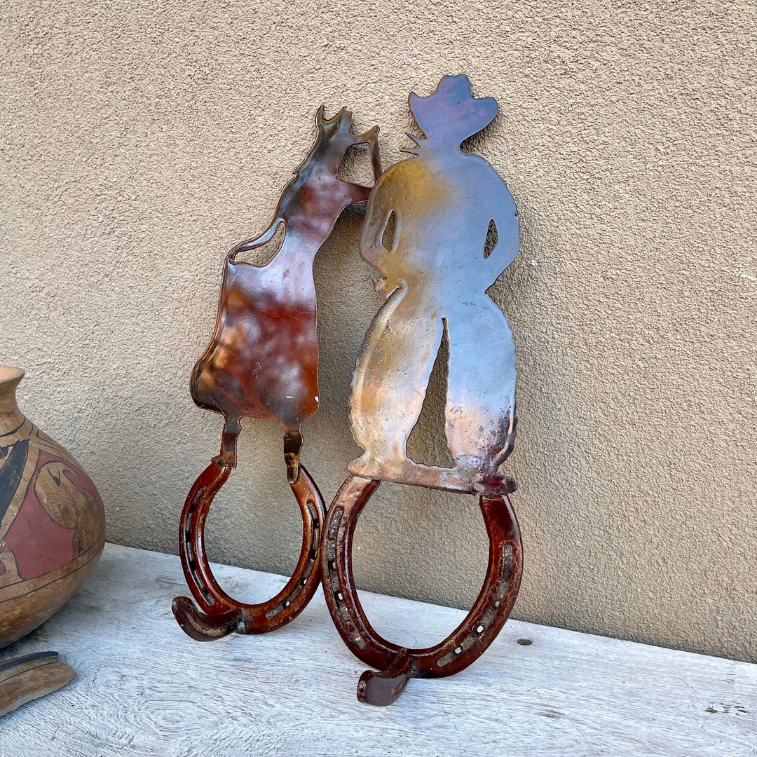 Pair of Wall Mount Metal Cowgirl and Cowboy Single Hooks Made With Real ...