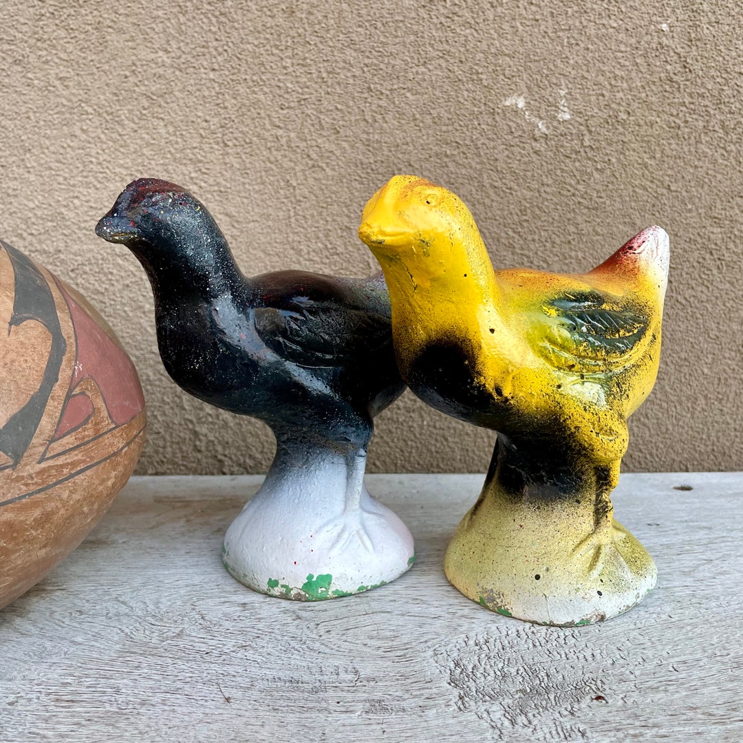 Pair Vintage Painted Concrete Chicken Hen Statues Yard Art, Cottage ...