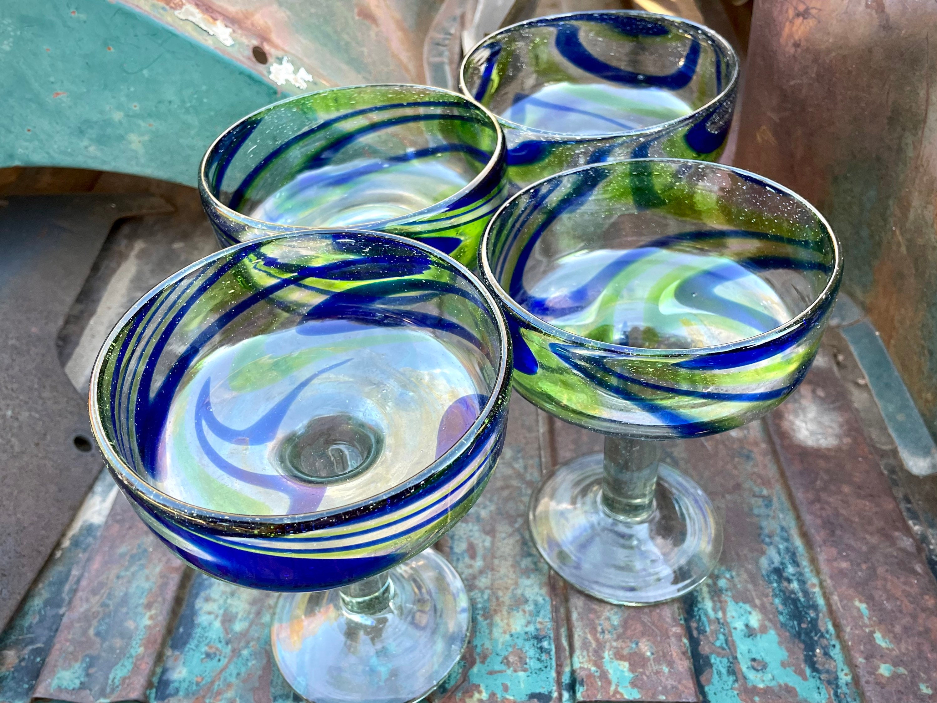 Four Heavy Vintage Mexican Margarita Glasses Blue Green Swirl, Cinco de ...