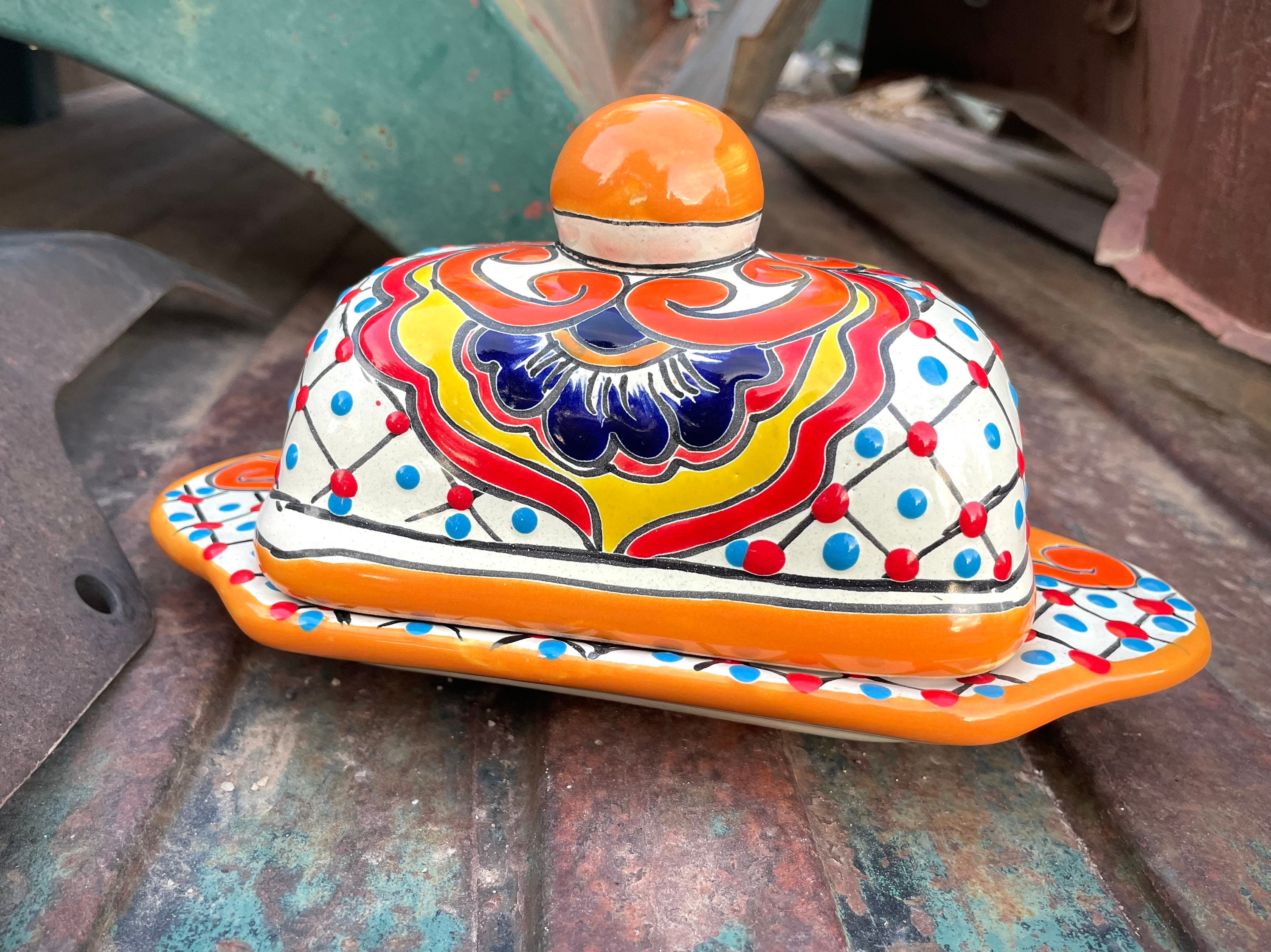Vintage Colorful Mexican Talavera Pottery Lidded Butter Dish, Rustic ...