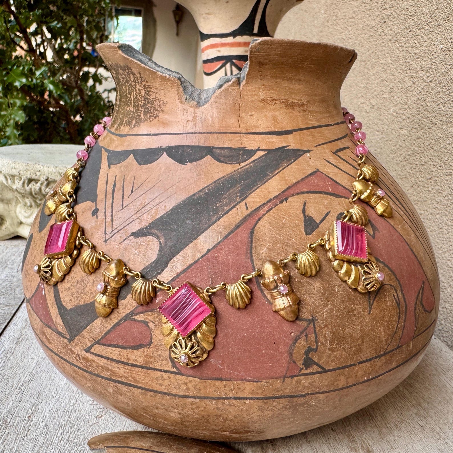 Art Nouveau Deco Brass With Pink Slag Glass Necklace Approx 18", Neiger ...