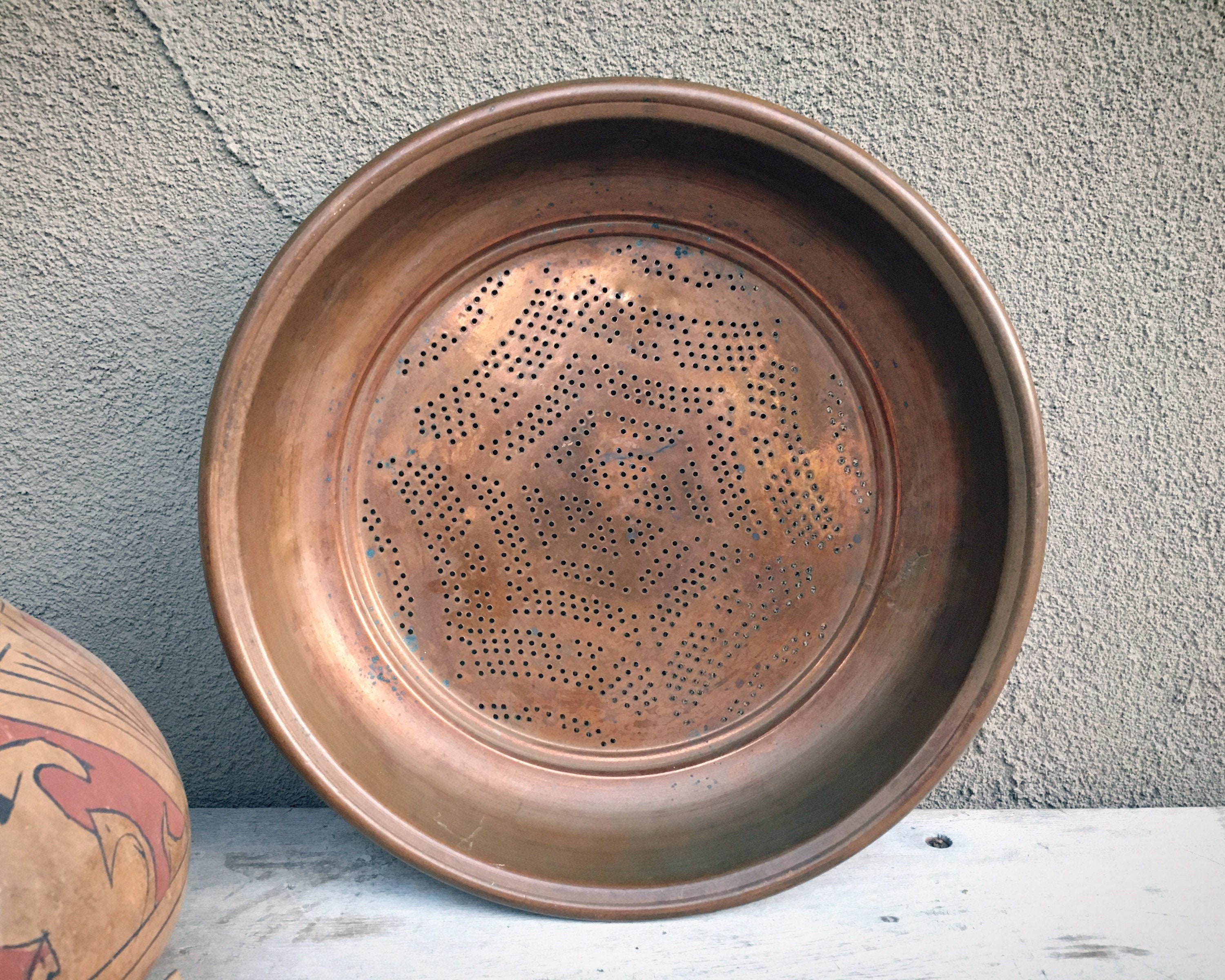Heavy Vintage Copper Sieve Colander Wall Hanging, Rustic Kitchen Decor ...