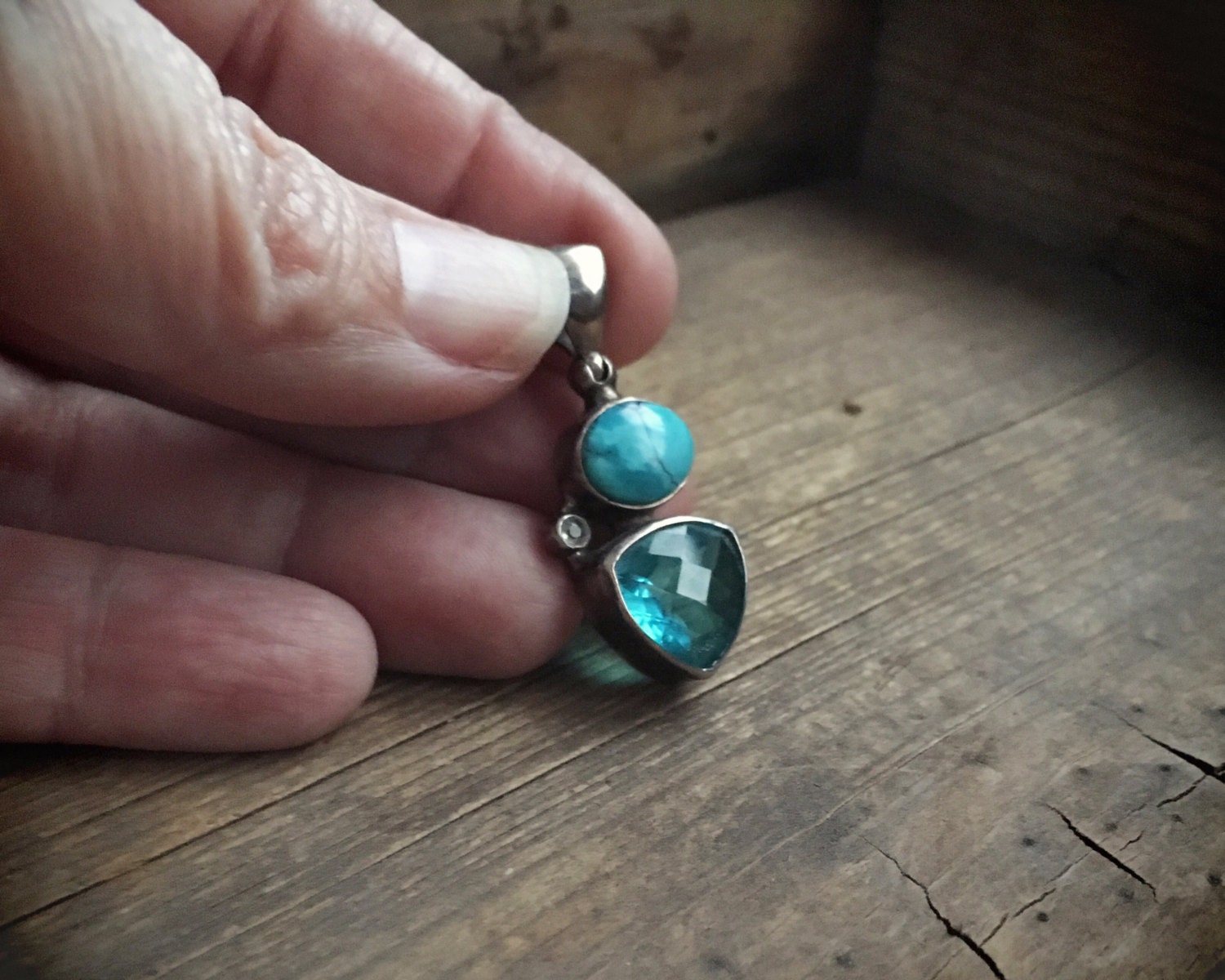 Vintage Turquoise Pendant with Aquamarine, December Birthstone