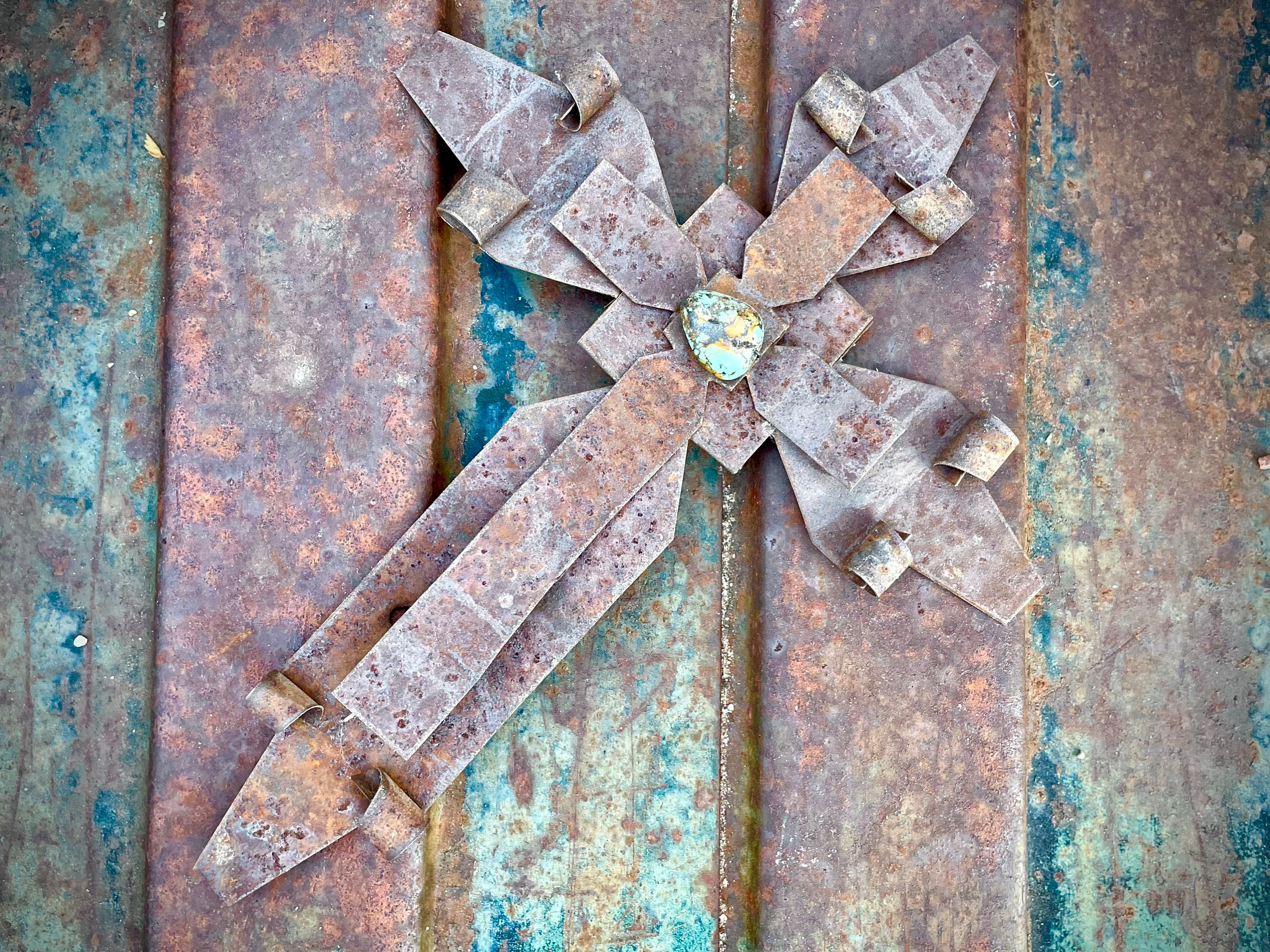 Vintage Old Rusty Tin Cross 8 Tall with Turquoise Stone, Made of ...
