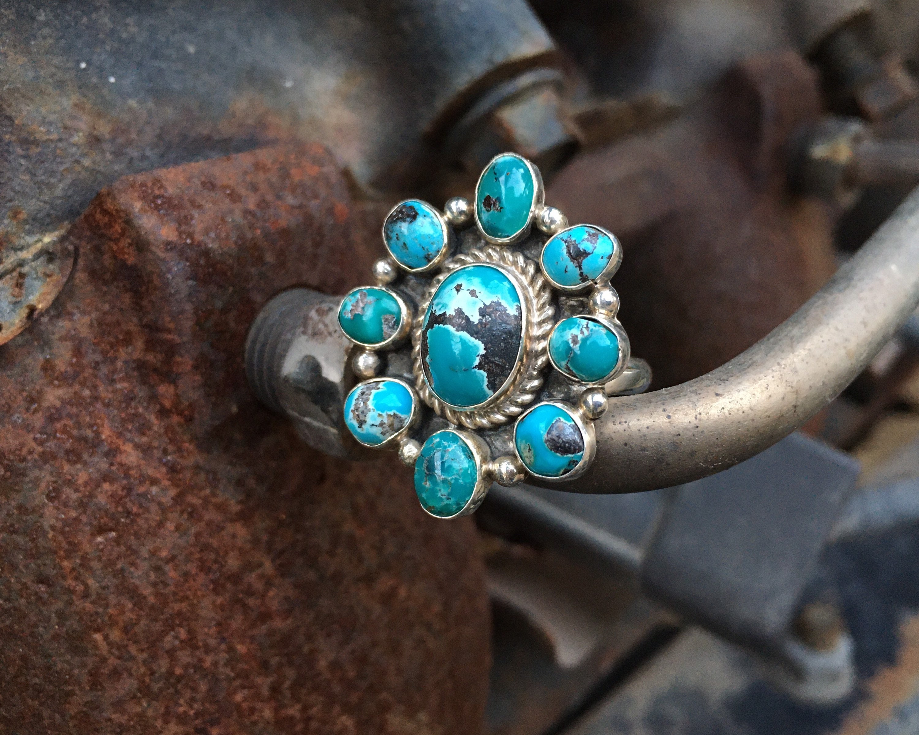 Navajo Made Turquoise Cluster Ring for Women Size 9, Native American ...