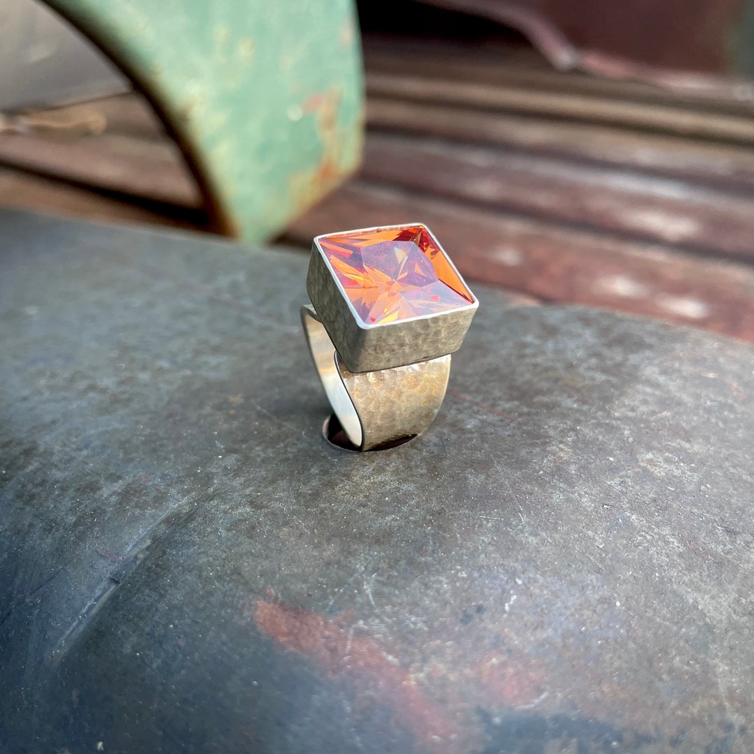 Navajo Ann Curley Hammered Sterling Silver Band Ring W/ Square Sunrise ...