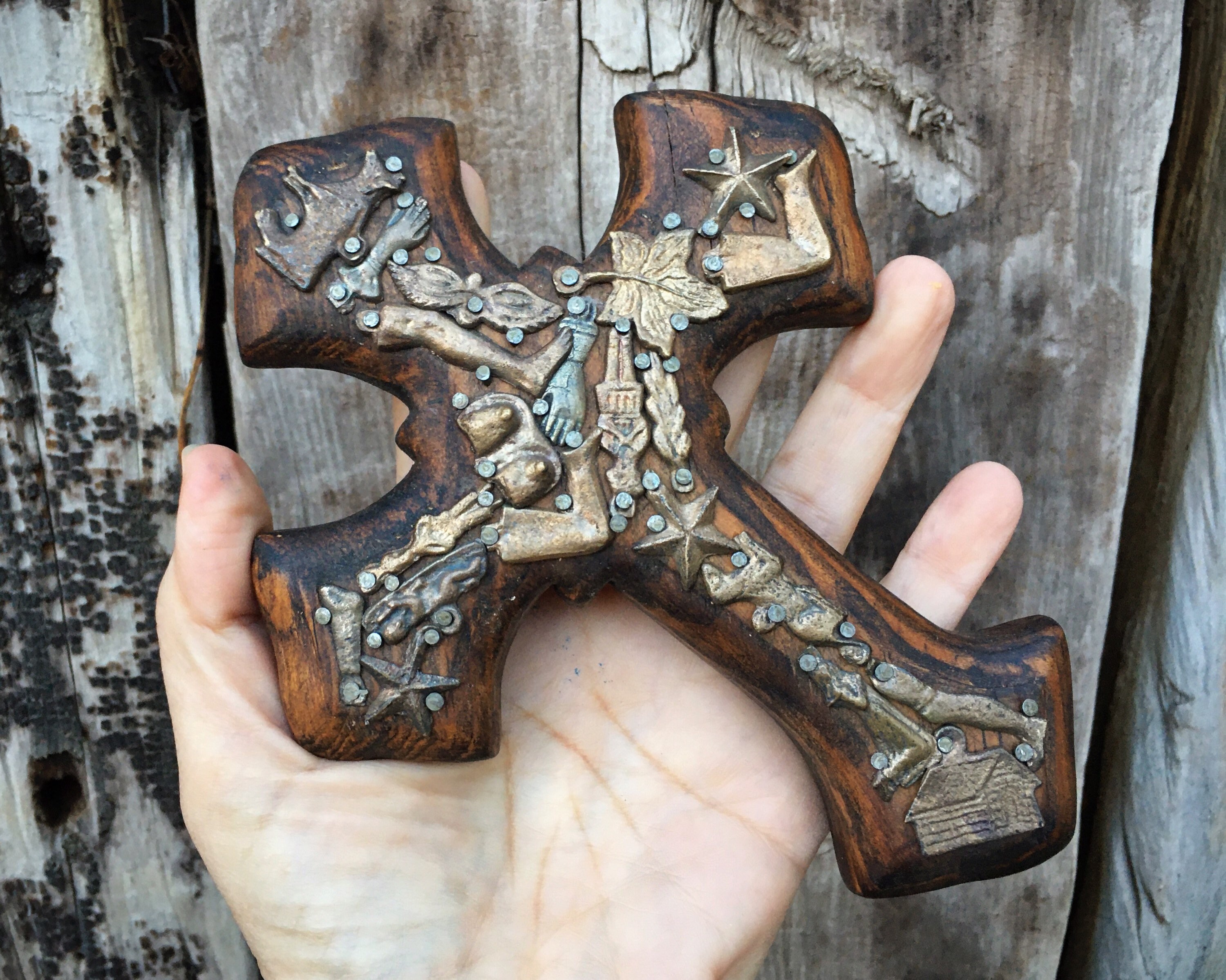 Small Vintage Mexican Milagro Wooden Cross with Charm Amulets, Mexican ...