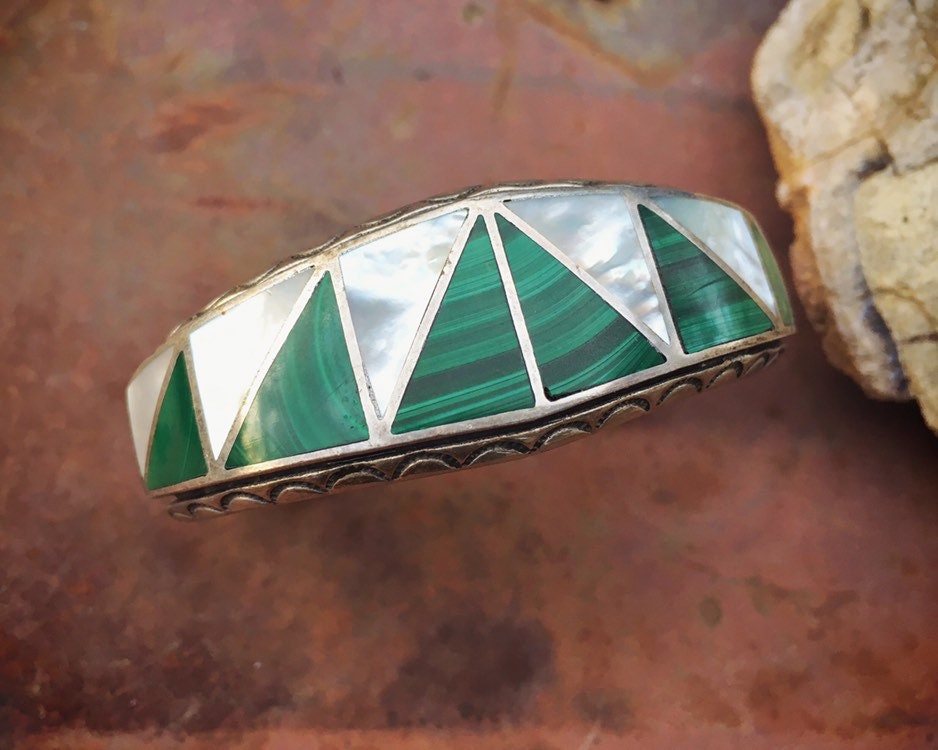 Vintage Channel Inlay Malachite Mother of Pearl Cuff Bracelet for Women ...