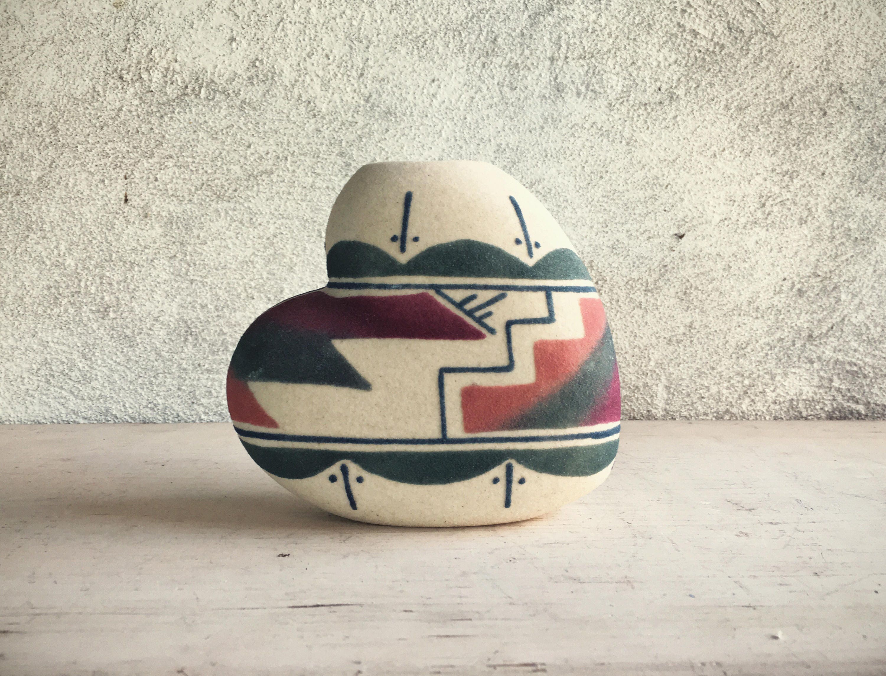 Vintage Southwestern Pottery Vase Native American Style, Heart Shaped Vase