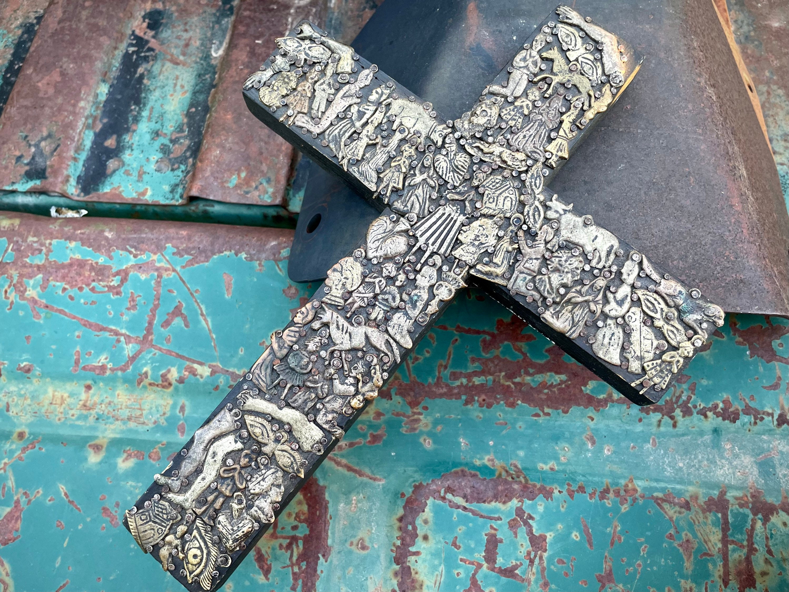 1970s Mexican Milagro Wall Cross with Miracle Charms Amulets, Lucky ...