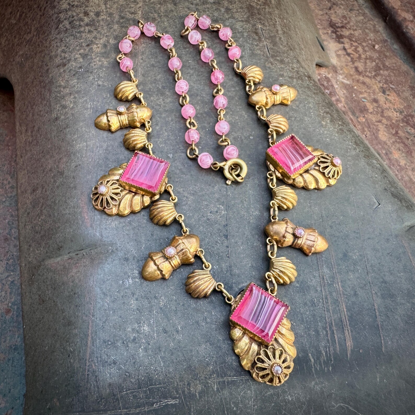 Art Nouveau Deco Brass With Pink Slag Glass Necklace Approx 18", Neiger ...