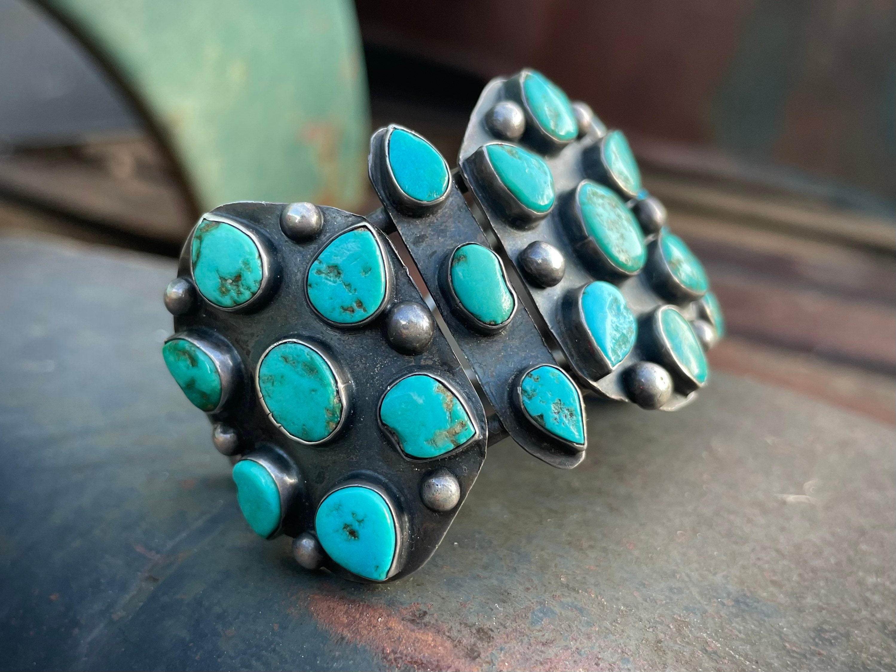 Early Turquoise Cluster Bracelet Size 5.75 (Silver Shank Cracked ...