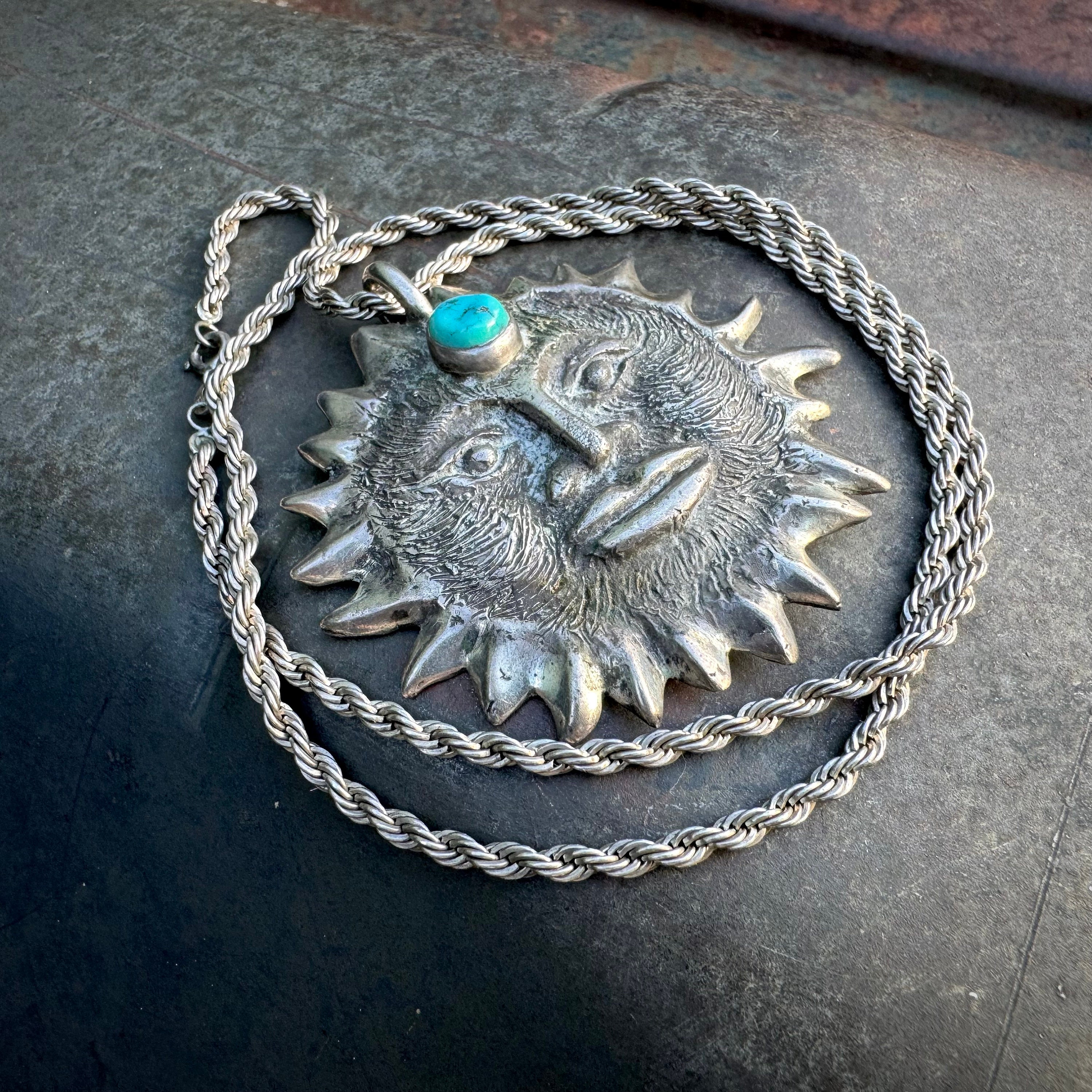 Vintage Turquoise Sterling Silver Blazing Sun Face Heavy Pendant ...