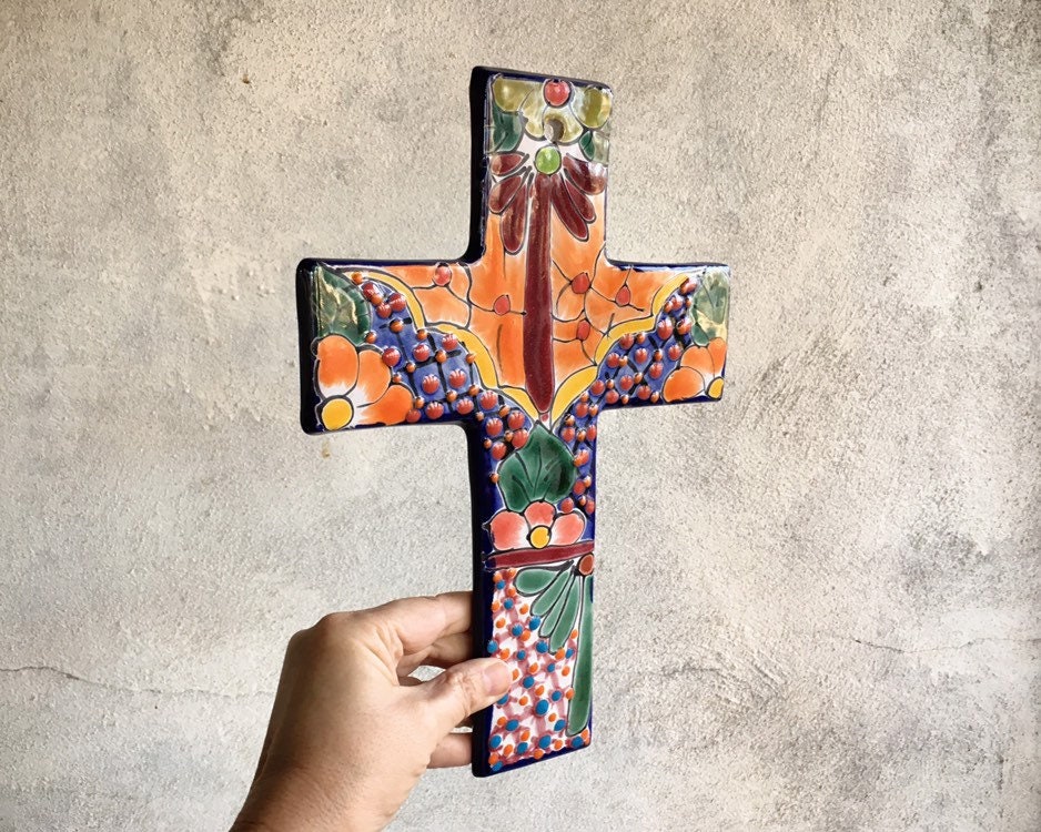 Vintage 8 x 11.5 Talavera Ceramic Cross Wall Hanging, Mexican Pottery ...