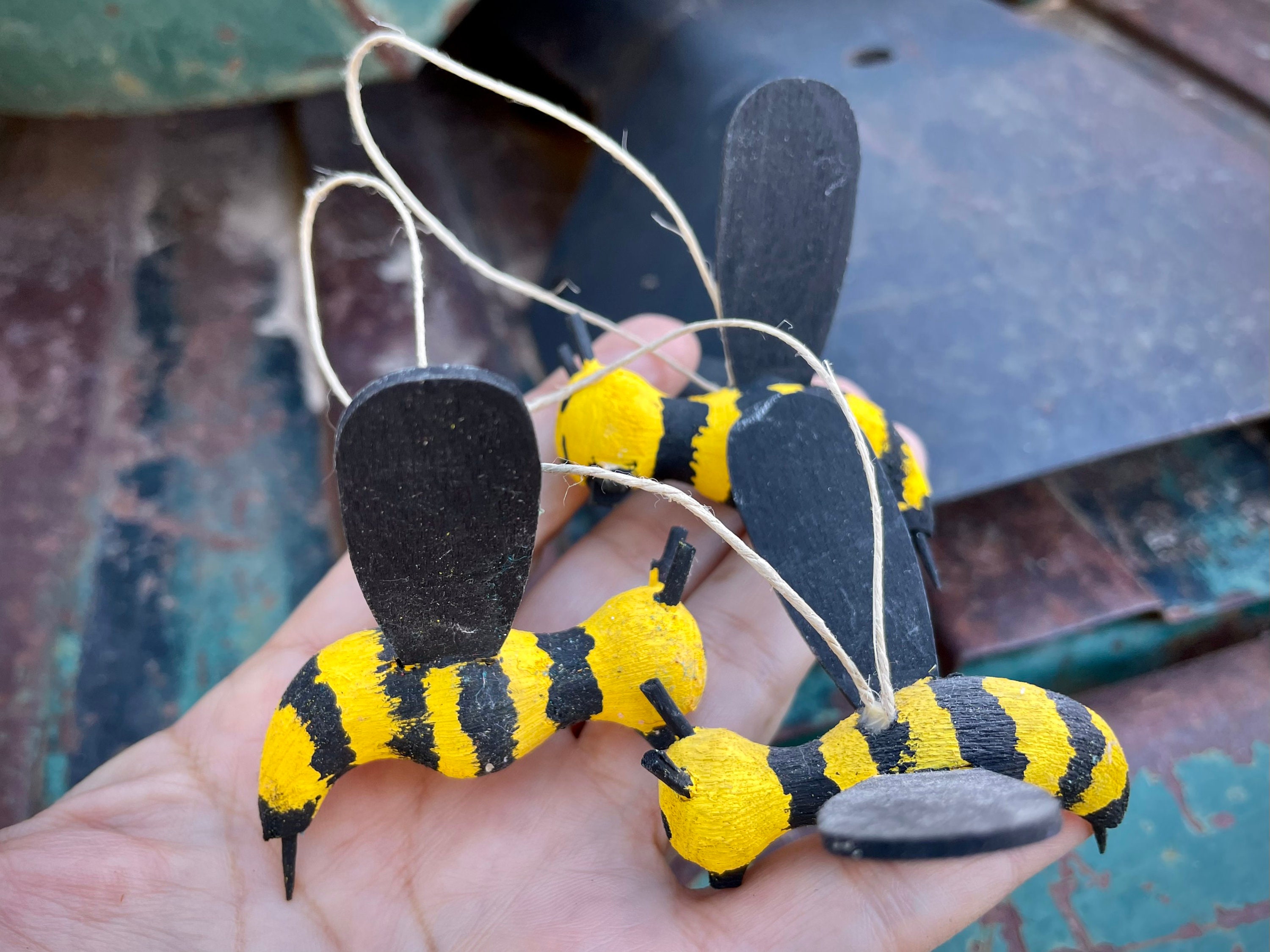 Three Navajo Bee Ornaments Painted Wood, Folk Art Insect Theme, Native ...