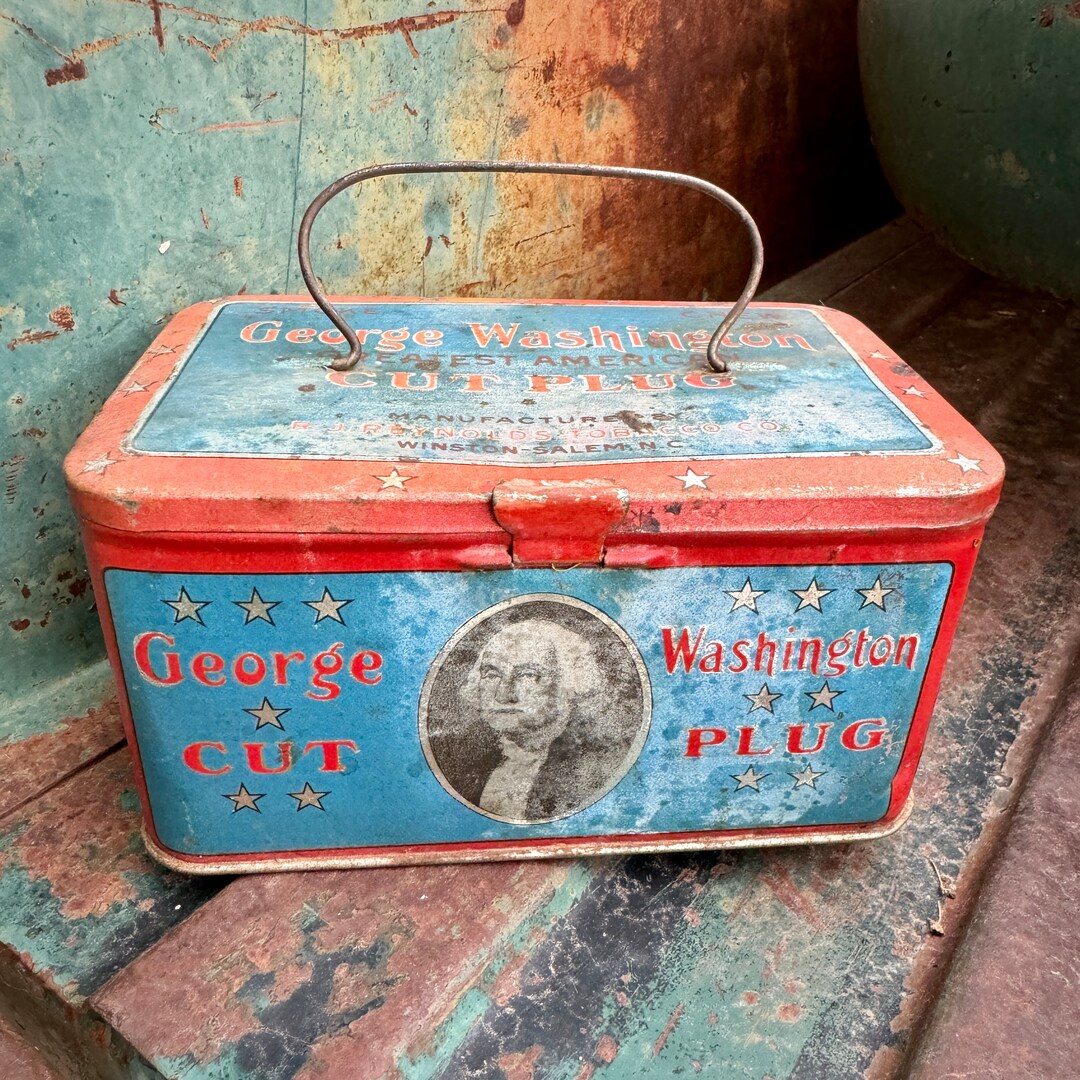 1930s Distressed Small Metal Tin Box W/ Handle George Washington Cut ...