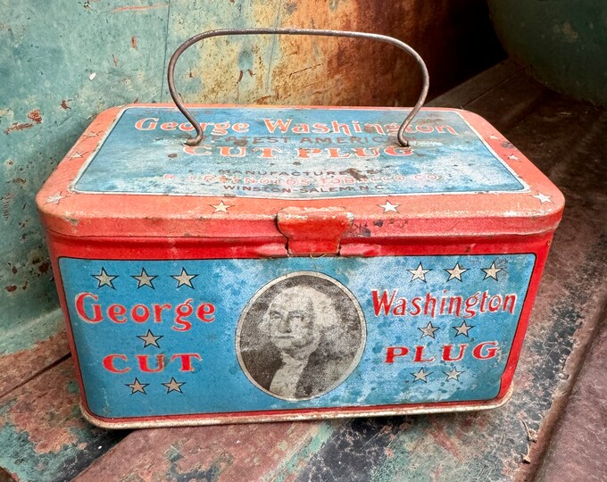 1930s Distressed Small Metal Tin Box W/ Handle George Washington Cut ...