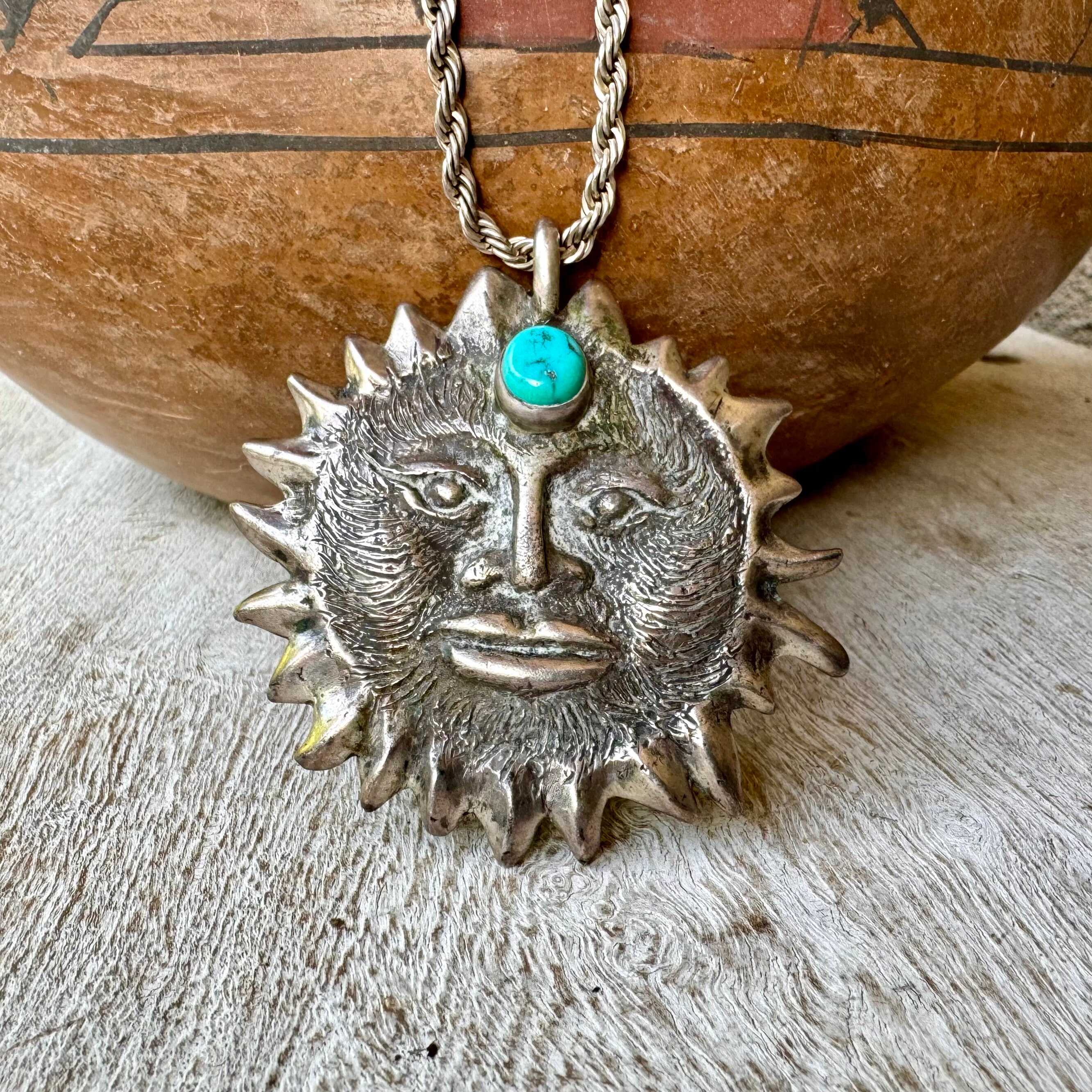 Vintage Turquoise Sterling Silver Blazing Sun Face Heavy Pendant ...