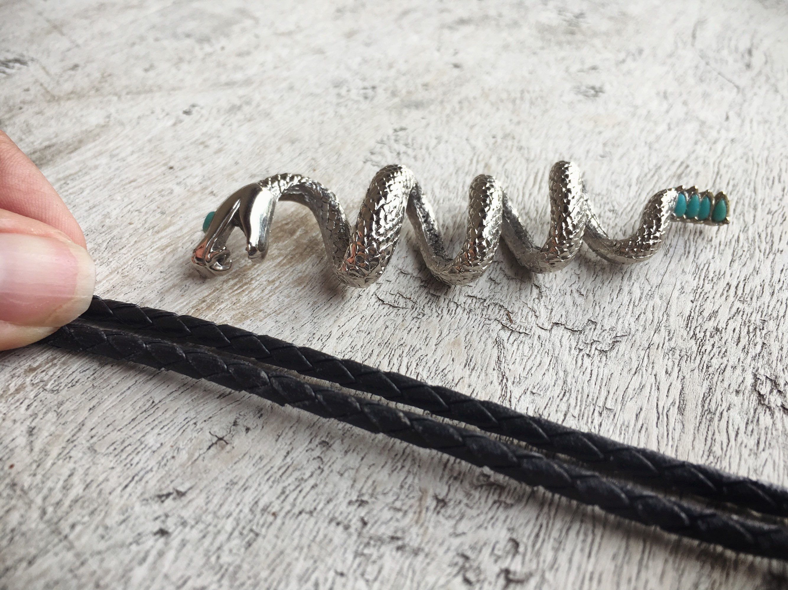 1960s to 1970s Silver Tone Faux Turquoise Snake Bolo Tie for Men or ...