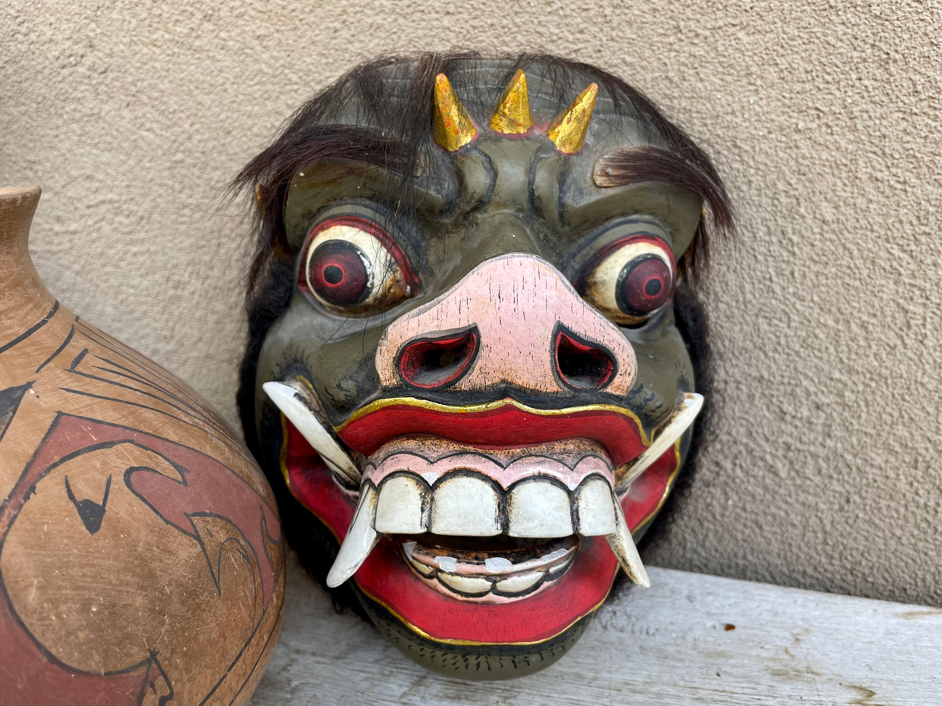 Vintage Carved Painted Balinese Wood Mask Barong Bangkal Boar w/ Hair ...
