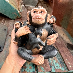 Vintage Resin Sculpture of Monkey Ape With Babies, Realist Art Figurine ...