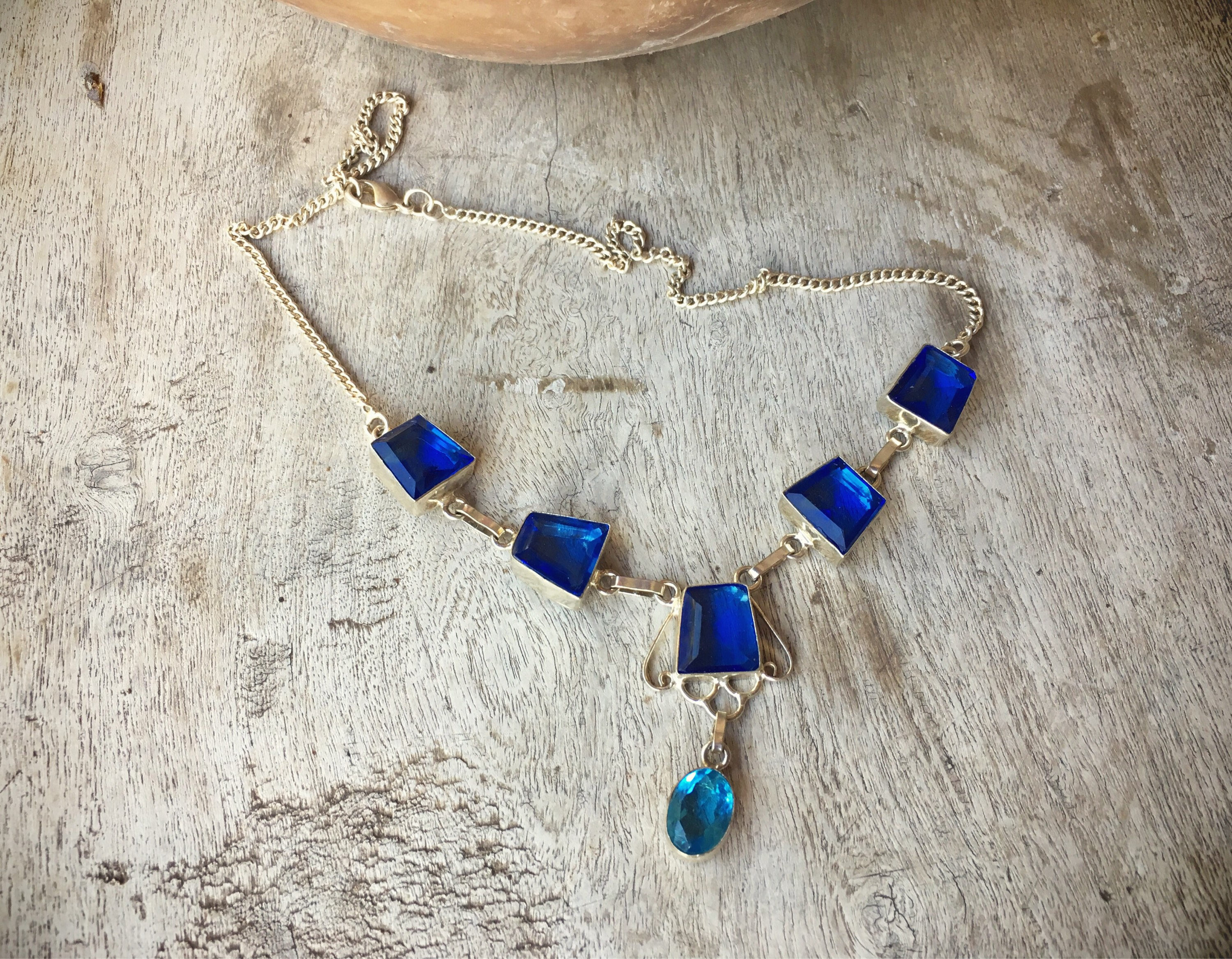Vintage modernist sterling silver blue crystal necklace, aqua blue ...
