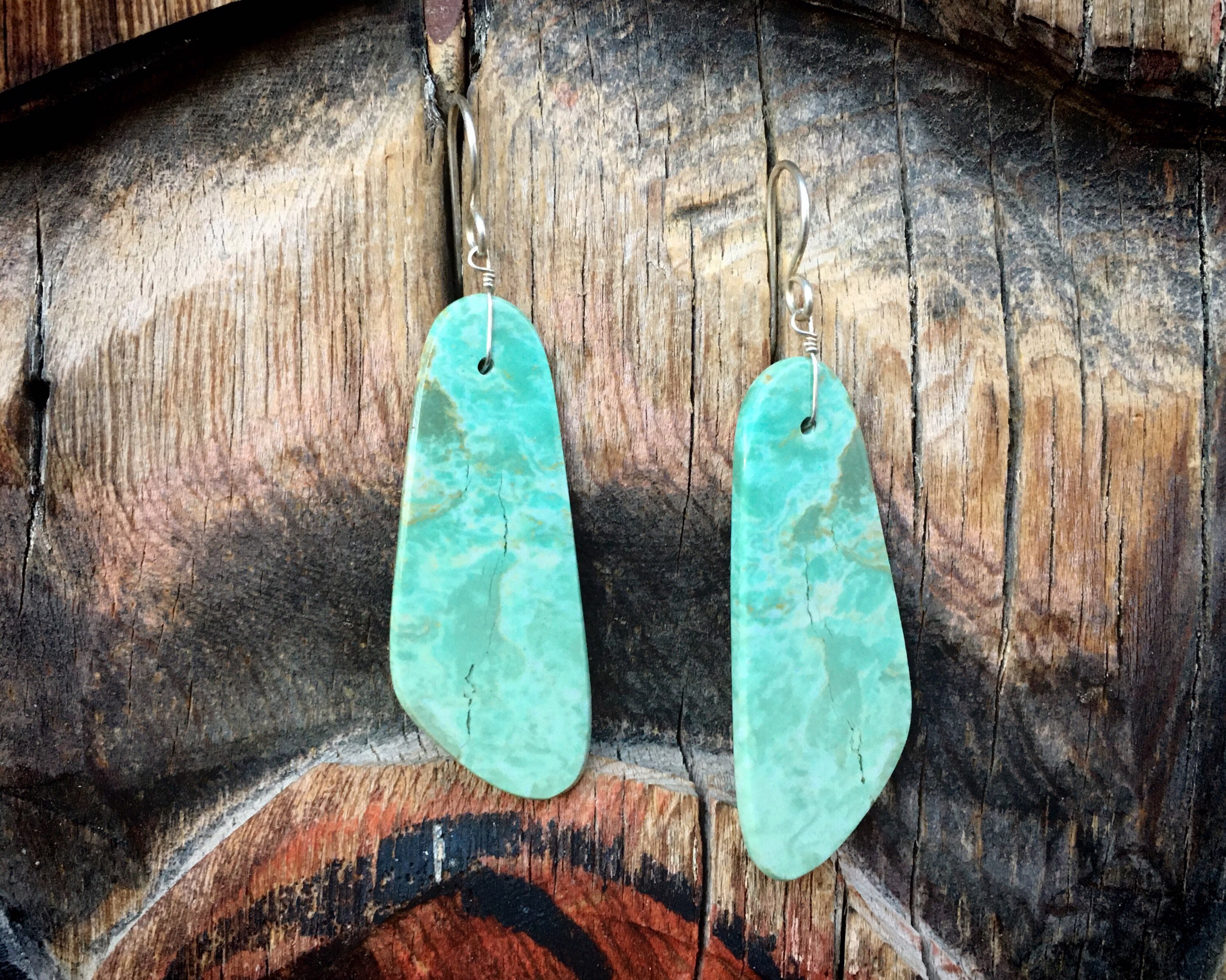 Thin Green-Blue Turquoise Slab Earrings Medium-Large Size, Southwest ...