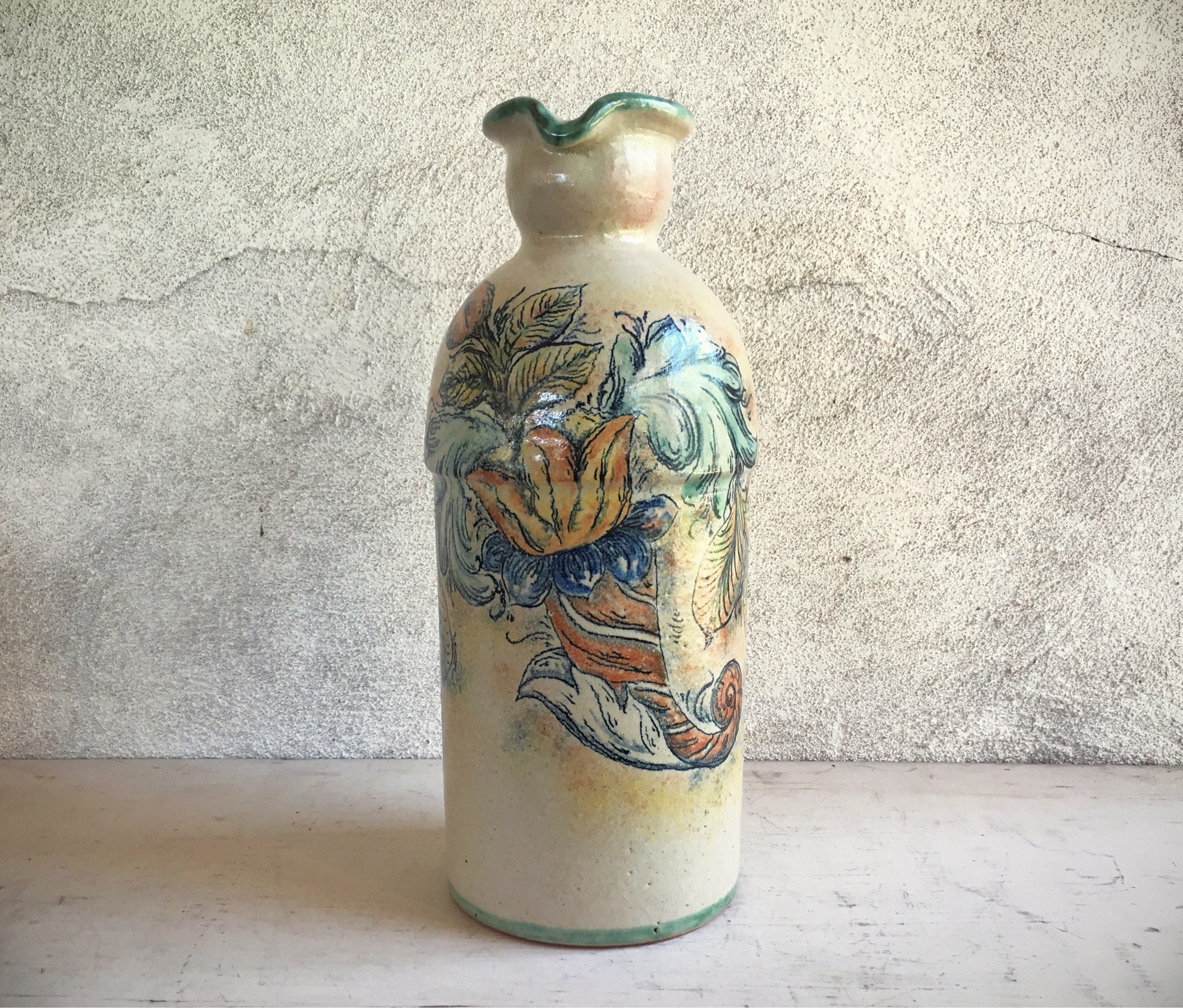 Vintage 12 tall pitcher vase Majolica pottery Capelo Guanajuato Mexican ...