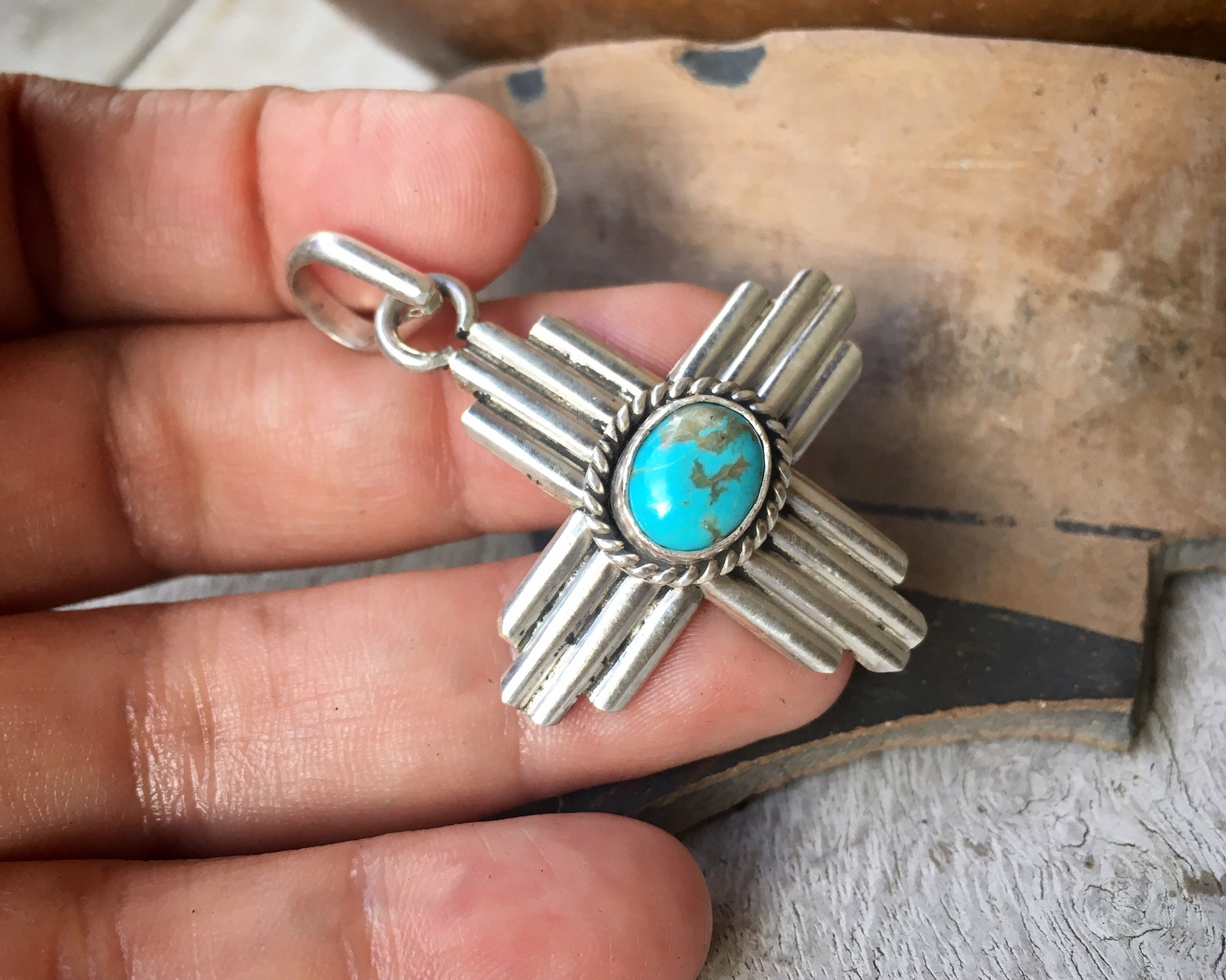 Sterling Silver and Turquoise Zia Pendant for Necklace, Native America ...