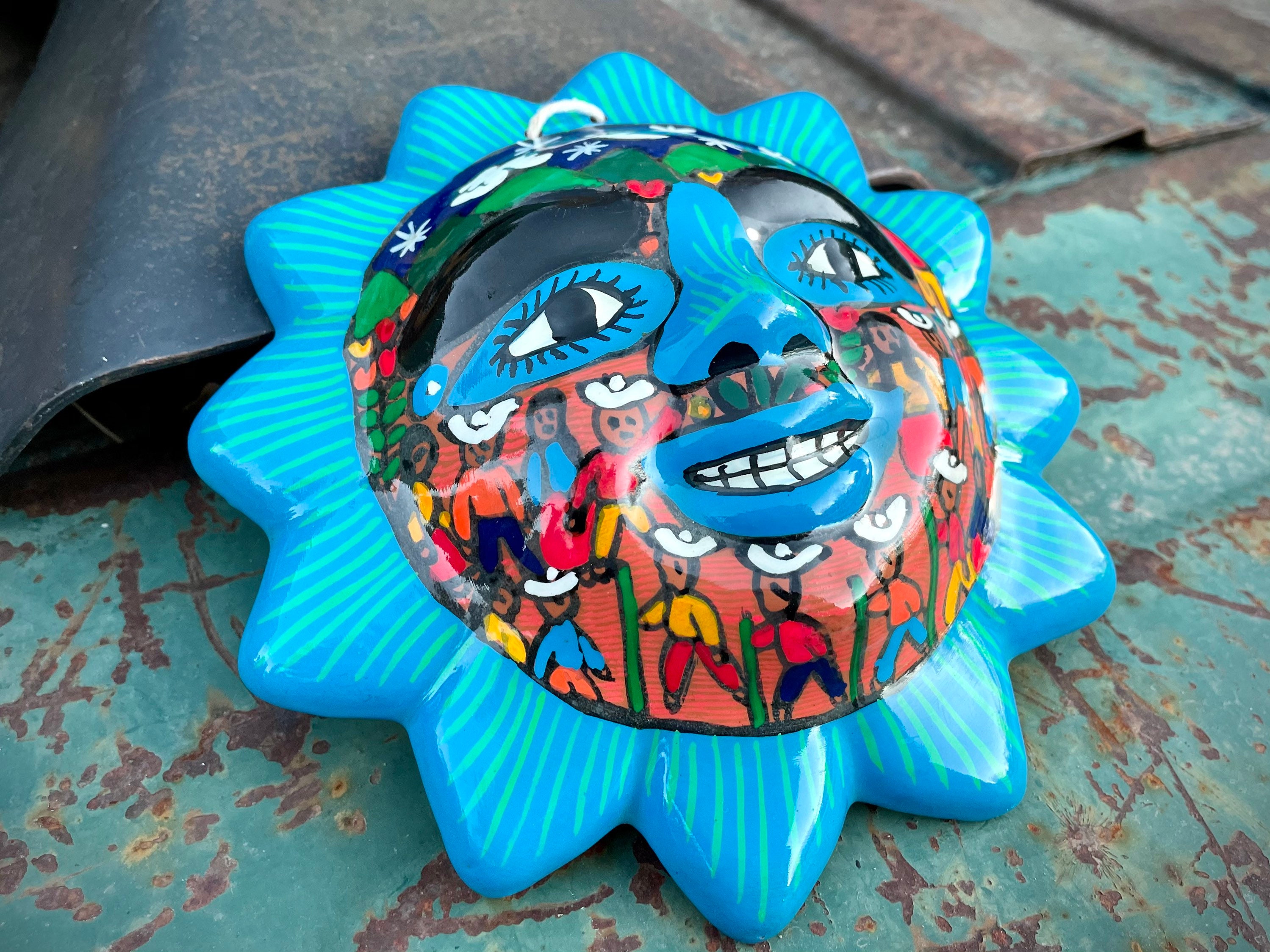 Colorful Blue Sun Face Guerrero Pottery Wall Hanging, Mexican Folk Art ...