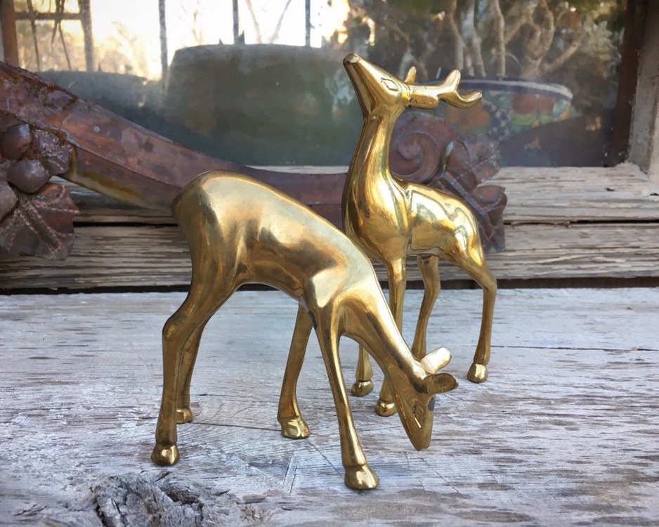 Midcentury Modern Brass Deer Figurines Christmas Deer Buck Doe Family