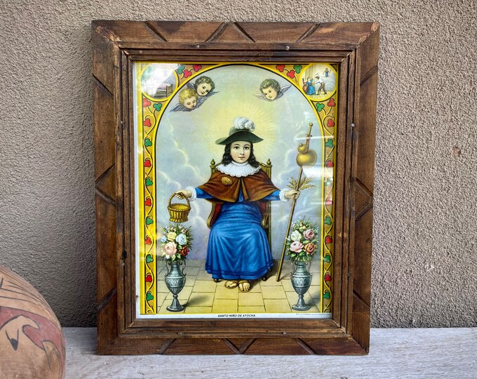Vintage Framed Santo Nino De Atocha in Carved Wood Frame, Mexican ...