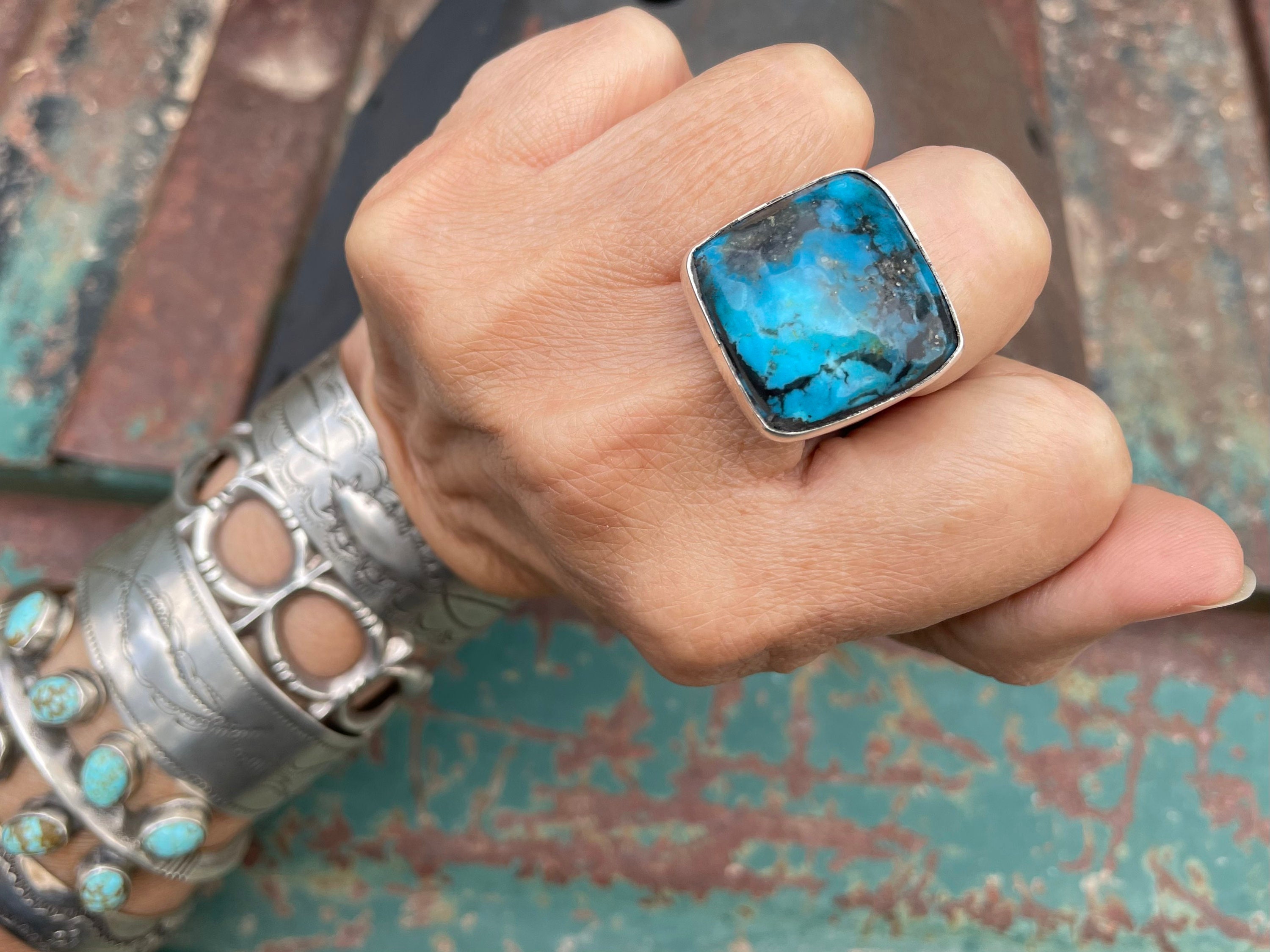 Bisbee Turquoise Square Ring by Navajo Xavier Bailon, Approx Size 9 ...