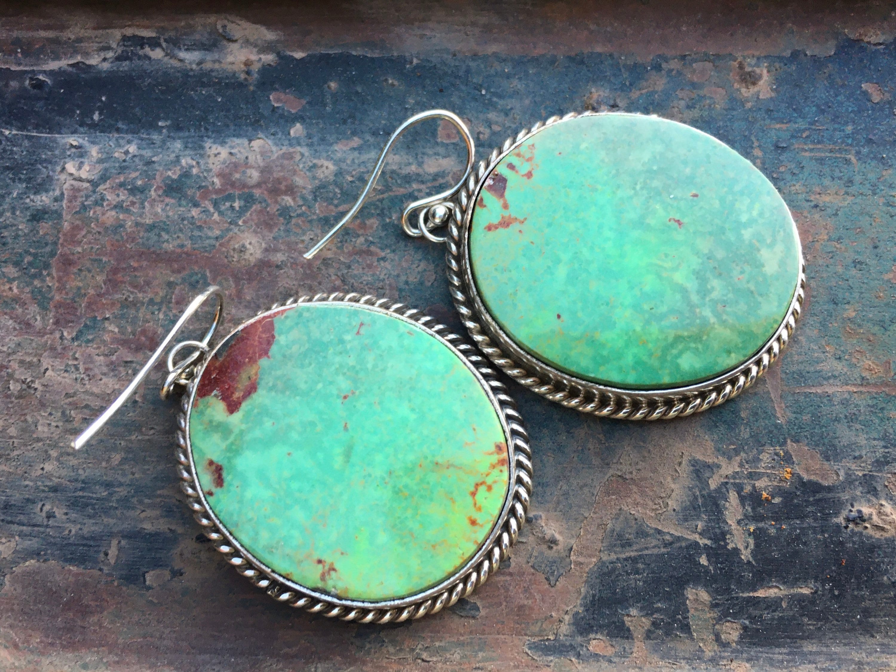 Large Oval Shaped Green Turquoise Dangle Earrings by Navajo Rosella ...