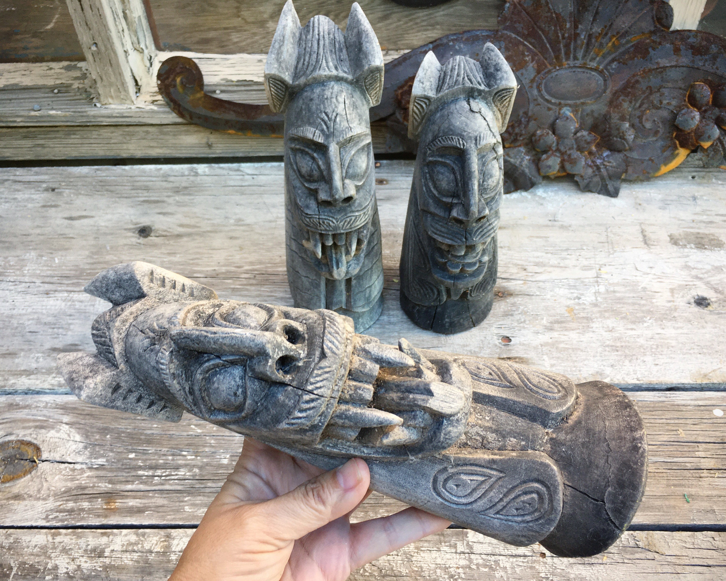 Three Distressed Hand Carved Gargoyle Outdoor Sculptures, Ethnic Folk ...