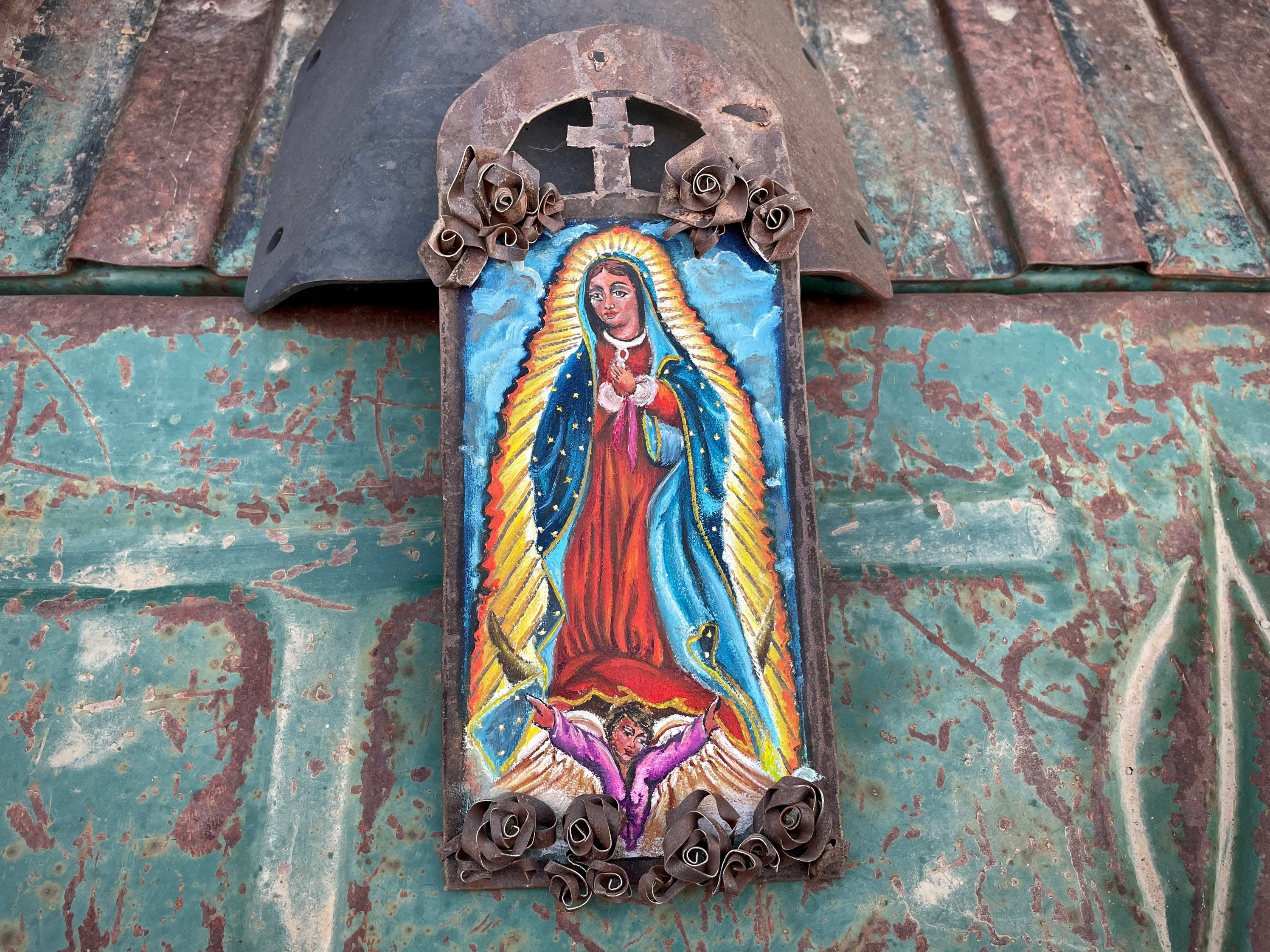 Painted Tin Metal Our Lady of Guadalupe Small Retablo, Altar ...