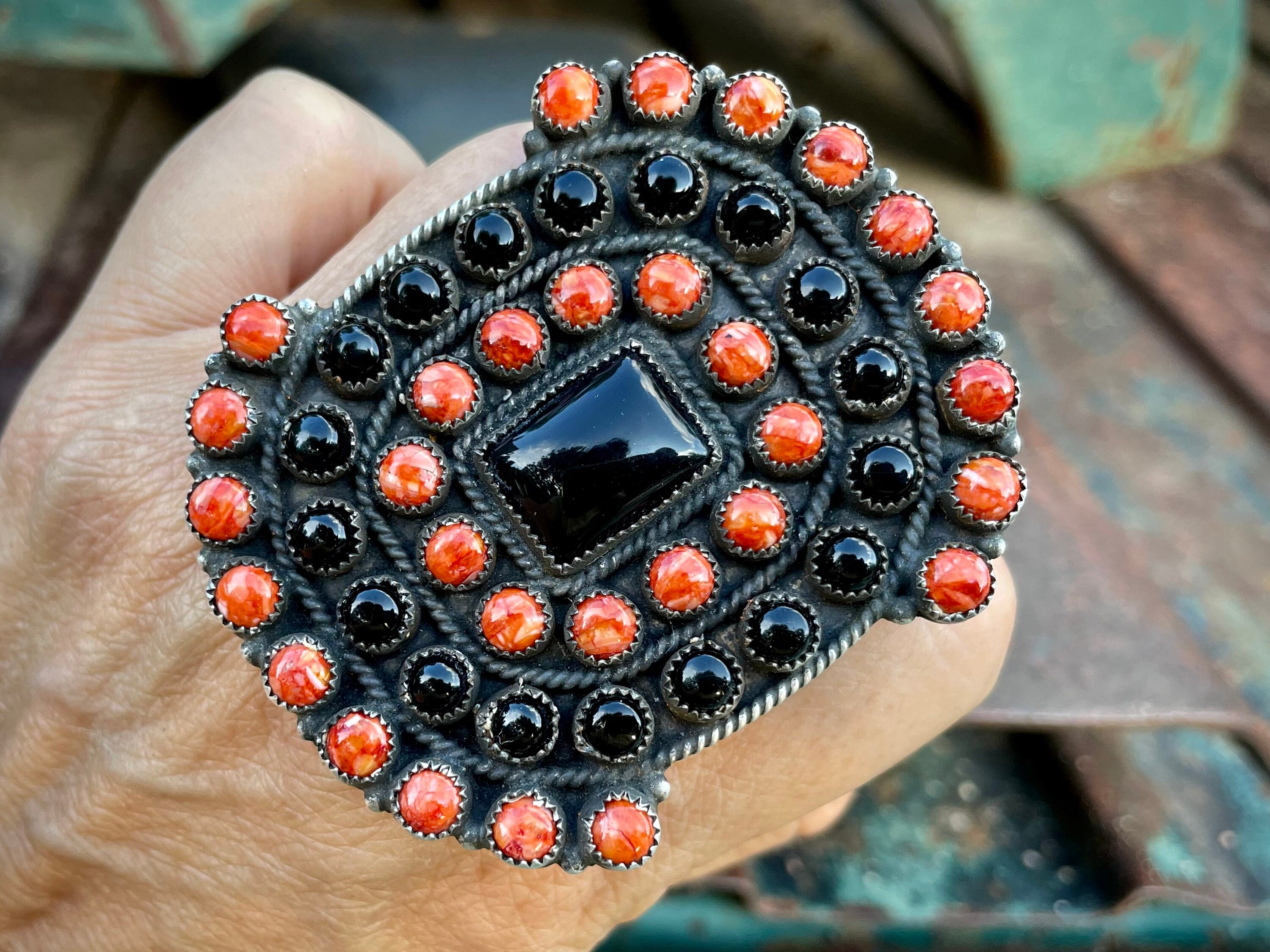 Huge 36g Black Onyx Red-Orange Spiny Oyster Ring Size 9, Navajo Devin ...