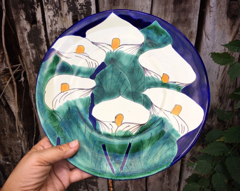 10 Diameter Vintage Mexican Pottery Plate Wall Hanging White Irises ...
