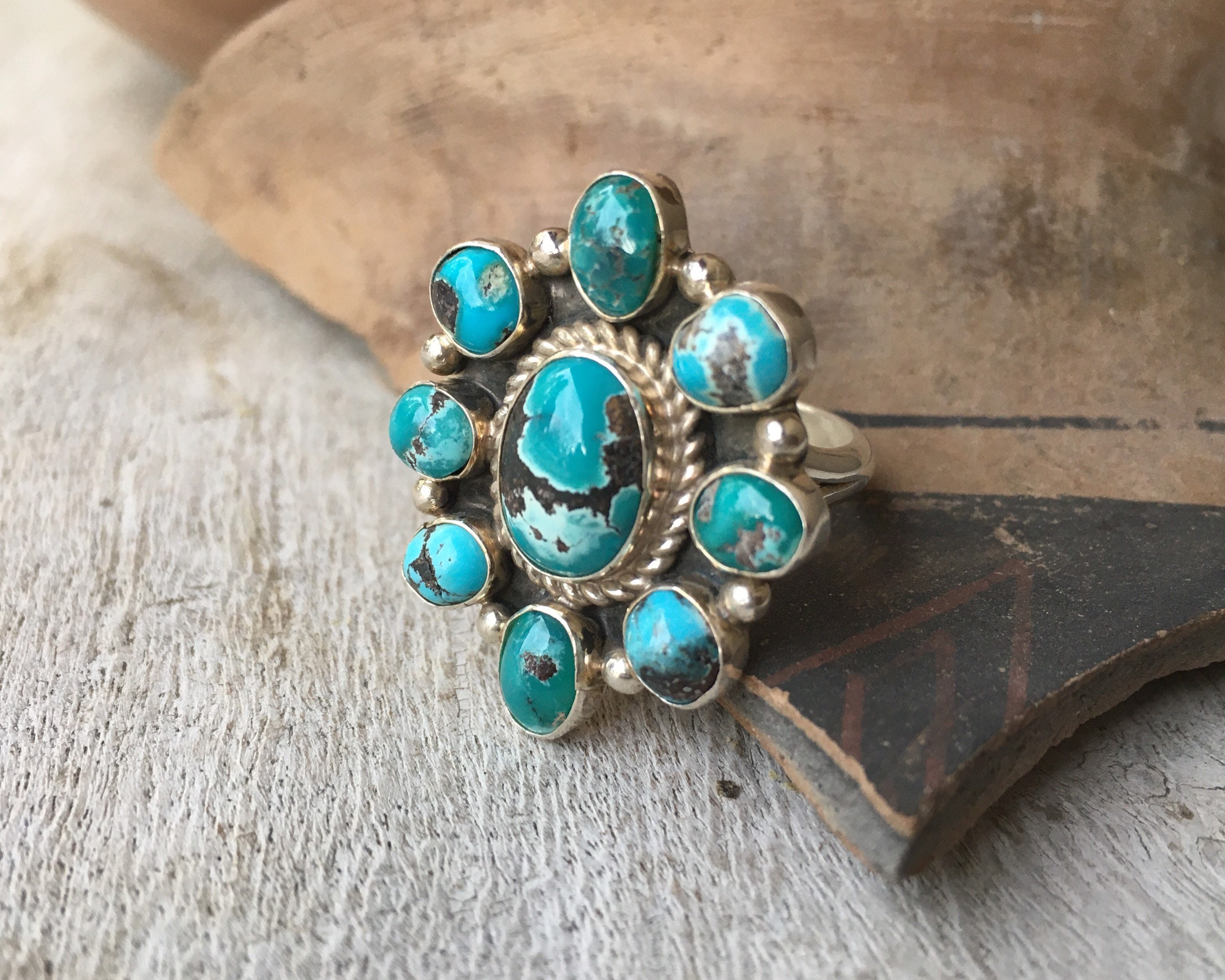 Navajo Made Turquoise Cluster Ring for Women Size 9, Native American ...