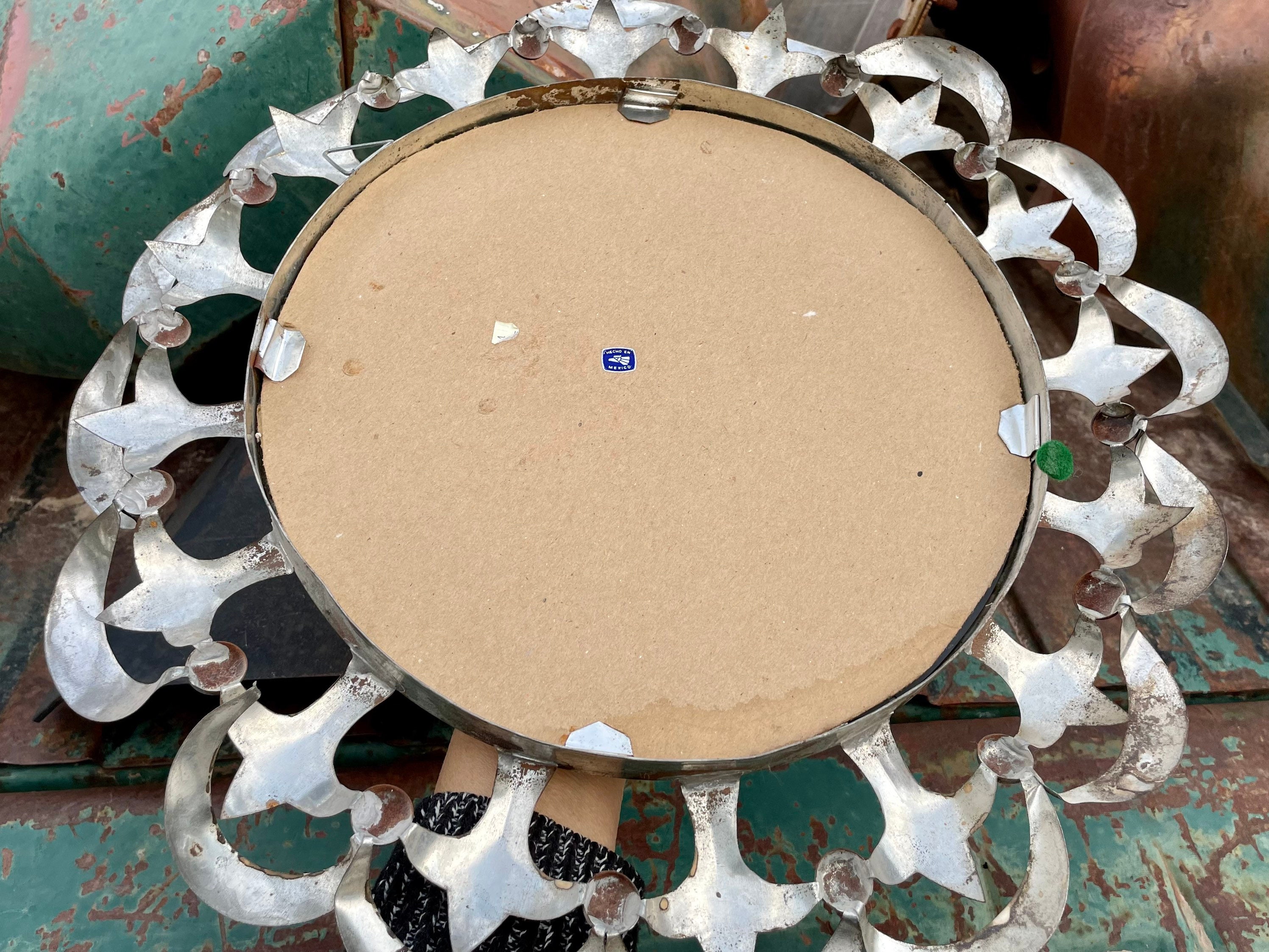 Distressed Mexican Cut Tin Framed Round Mirror for Wall, Rustic ...