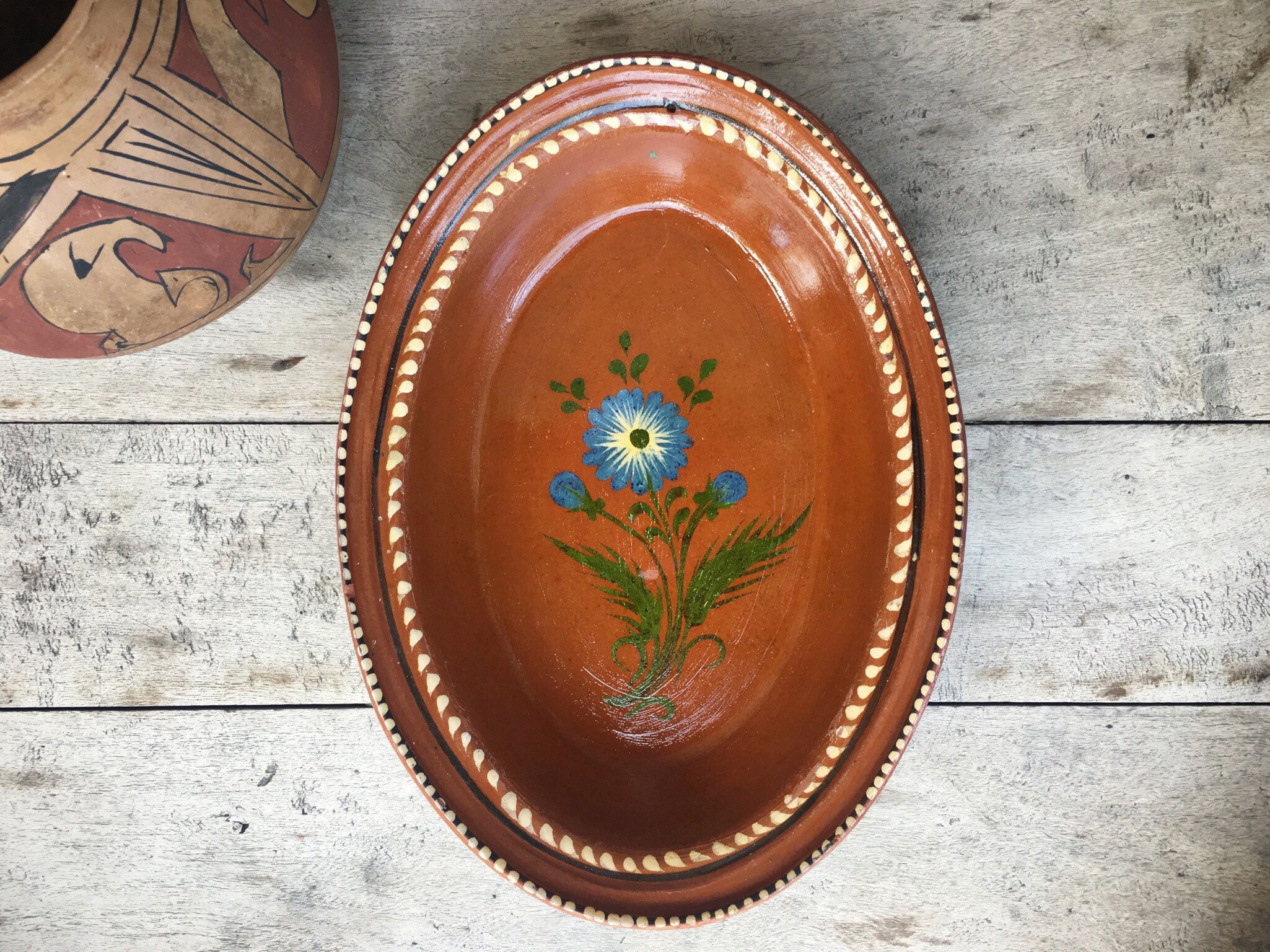 Mexican Pottery Oval Dish Blue Flower Decor Capula Michoacan Redware ...