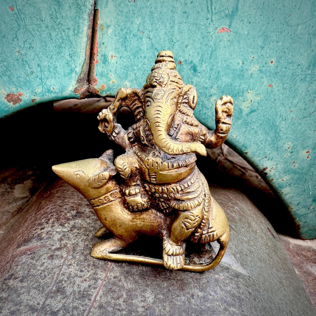 Vintage Small Solid Brass Lord Ganesha Riding Mouse Mushika Figurine ...