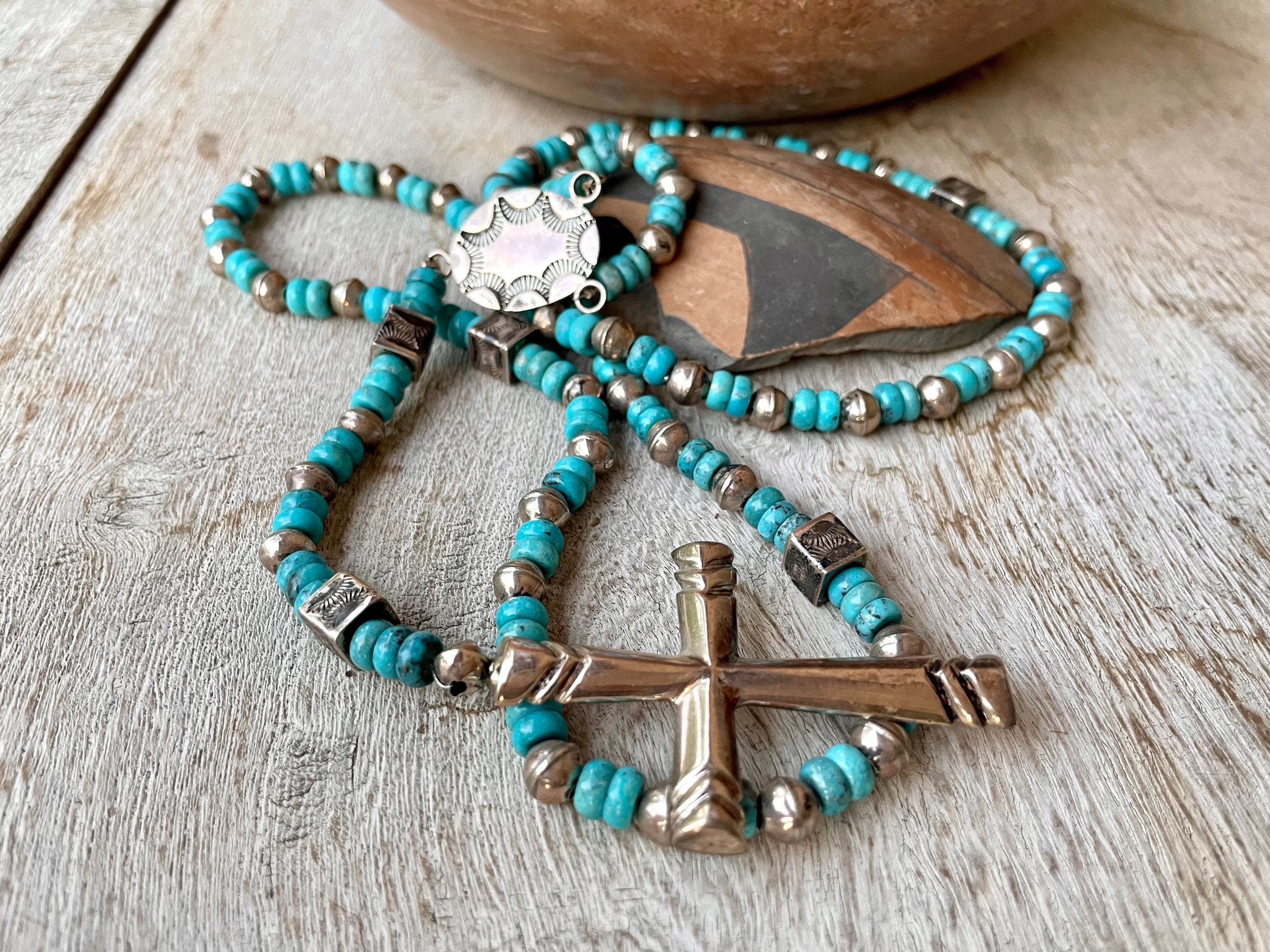 Vintage Turquoise and Sterling Silver Bead Rosary w/ Sandcast Cross by ...